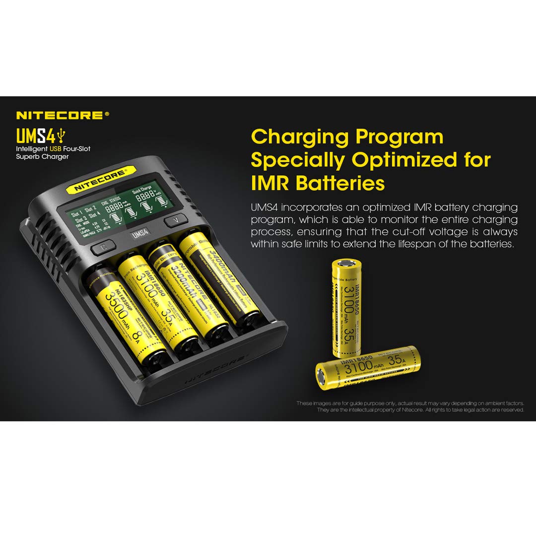 Nitecore UMS4 Intelligent USB Four Slot Quick Battery Charger for Li-Ion/Ni-MH/Ni-Cd/IMR 16340 14500 18650 21700 20700 AA AAA and More Batteries, with LumenTac Battery Organizer
