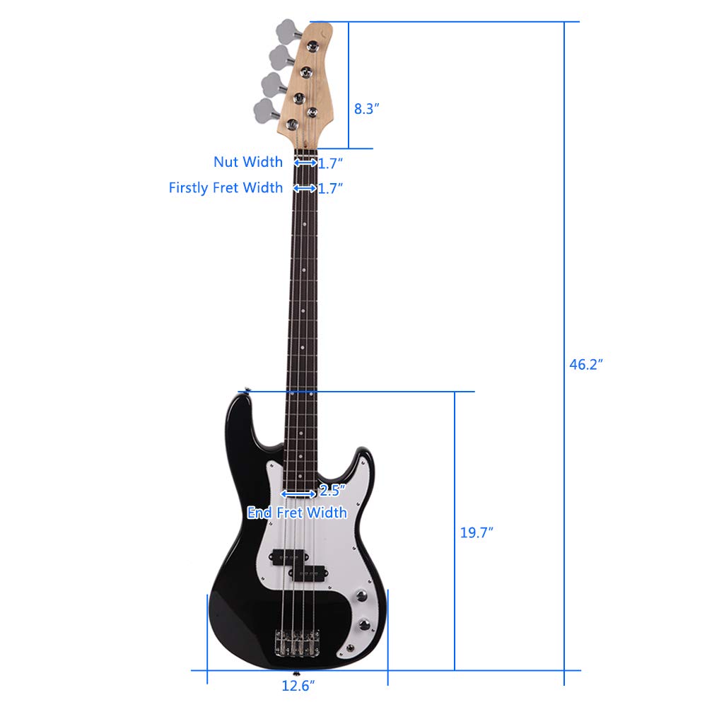 ATERI Full Size Electric Bass Guitar, Right Handed 4-String Electric Bass for Starter Beginner with AMP Wire and Accessories (Black)