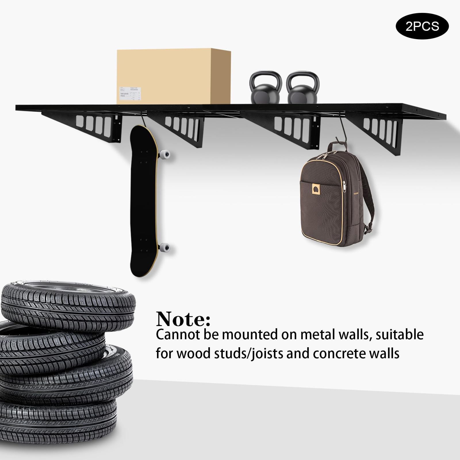 Garage Shelving Wall Mounted, 2-PACK 2x6FT Garage Shelving, 72βx 24βGarage Shelving Wall Mount Organizer, 560 lbs Load Capacity Garage Storage Rack Floating Shelves, with 4 Hooks, 1 Sets, Black