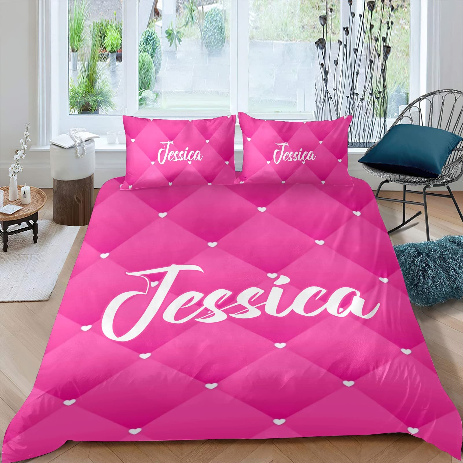 XIUCOO Personalized Pink Heart Print Duvet Cover Sets with Name Bedding Set 3 Pcs Quilt Cover with Zipper for Adult Birthday Gift,Queen Size