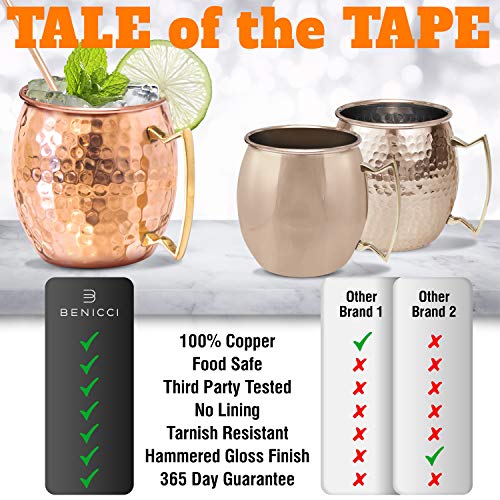 Benicci Moscow Mule Copper Mugs - Set of 2-100% HANDCRAFTED - Food Safe Pure Solid Copper Mugs - 16 oz Gift Set with BONUS - Premium Quality Cocktail Copper Straws, Straw Cleaning Brush and Jigger!