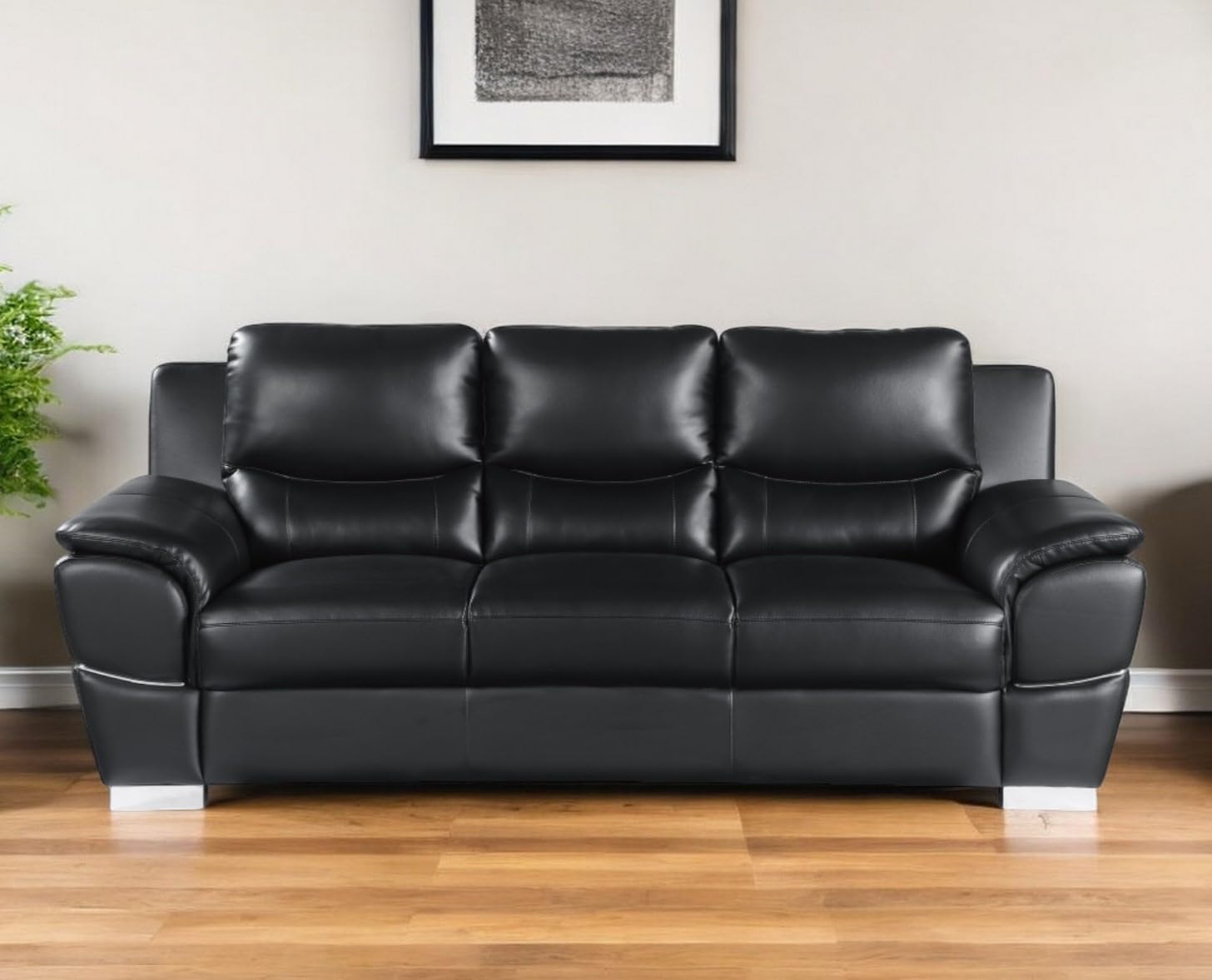 HomeRoots 85" Black Leather Sofa with Silver Legs