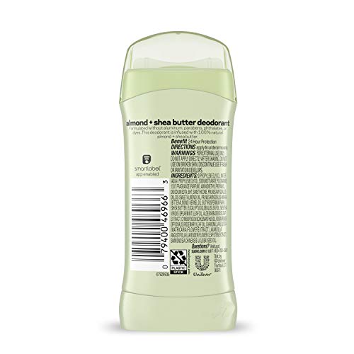 Suave Aluminum Free Deodorant for Women 24-Hour Odor Protection Almond & Shea Butter Cruelty-Free 2.6 oz