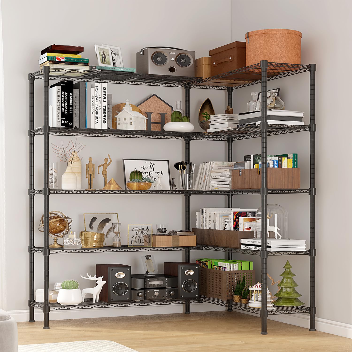 58 inch Wide Shelving Unit, 5 Tier Metal Rack, Pantry Storage Shelves Adjustable Wire Steel Shelving Unit for Heavy Duty Garage, Pantry, Kitchen Carbon Steel Storage Black
