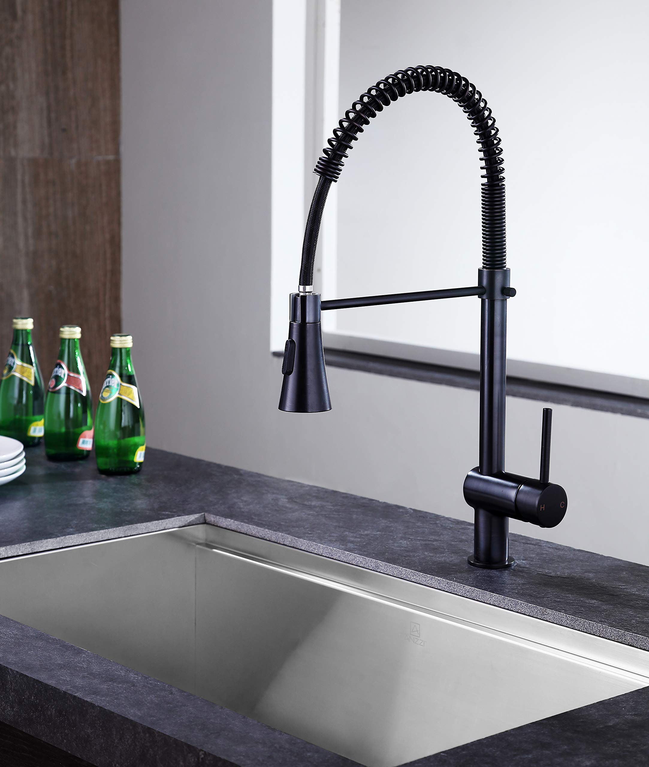 ANZZI Carriage Modern Single Hole Kitchen Faucet, Single Handle Oil Rubbed Bronze Kitchen Faucet, Commercial Stainless Steel Kitchen Bar Pull Out Kitchen Sink Faucet, KF-AZ211ORB