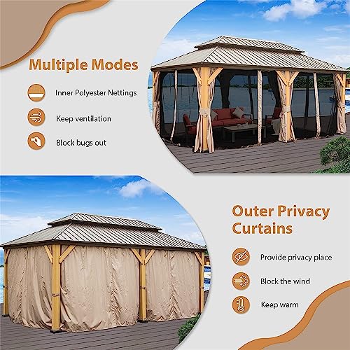 Jaxenor Outdoor Cedar Wood Frame Canopy - 12'x20' Hardtop Gazebo with Galvanized Steel Double Roof - Permanent Metal Pavilion for Patio, Backyard, and Lawn - Includes Curtains and Netting - Brown