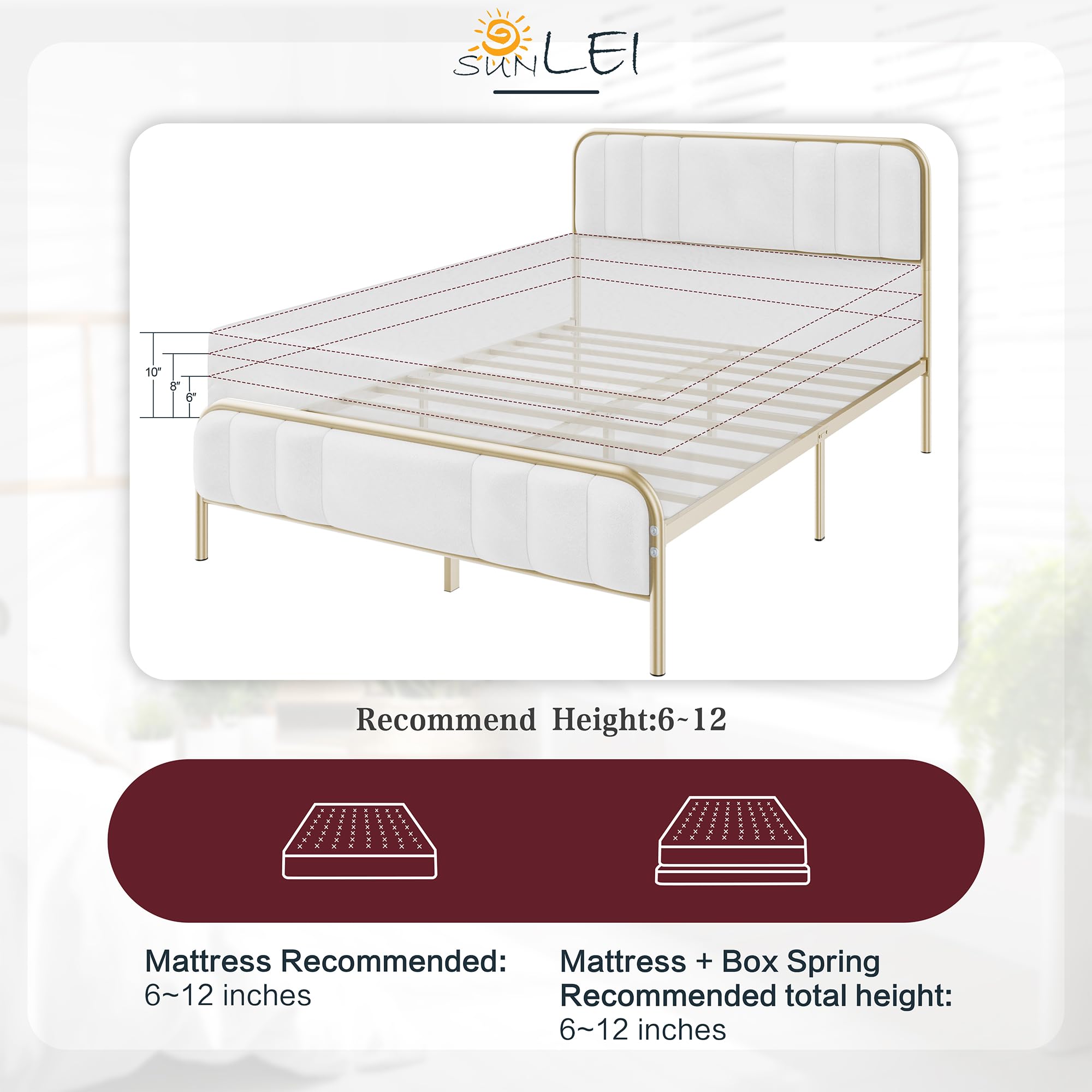 SUNLEI Gold Queen Size Bed Frame with Velvet Fabric Headboard, Metal Platform Bed with 12" Storage Space, Solid Metal Slats Support, No Box Spring Needed, Easy Assembly, Modern White Velvet