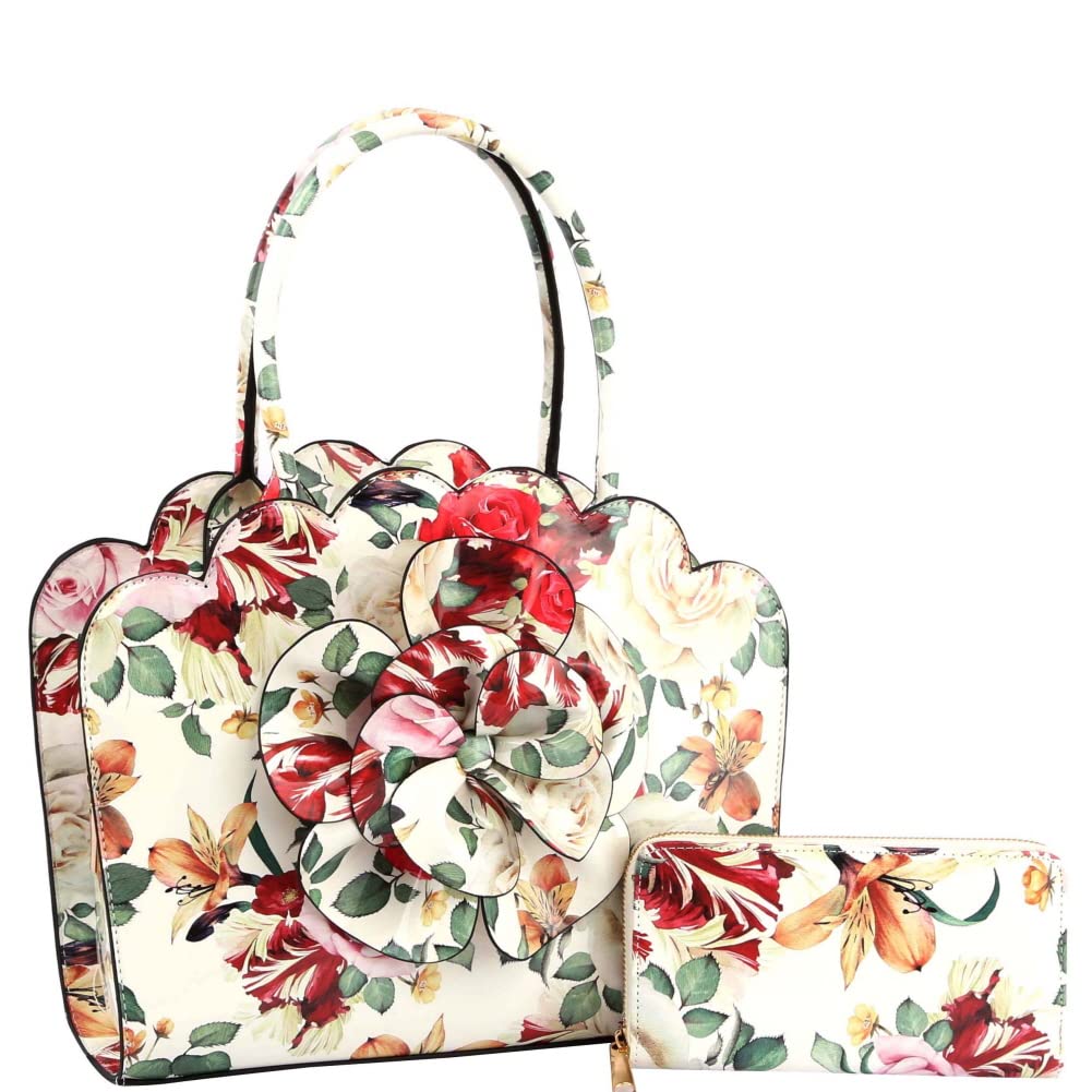 3D Flower Applique Floral Leopard Print Patent Vegan Leather Satchel Handbag Wallet Set (Flower Print - White Multi)