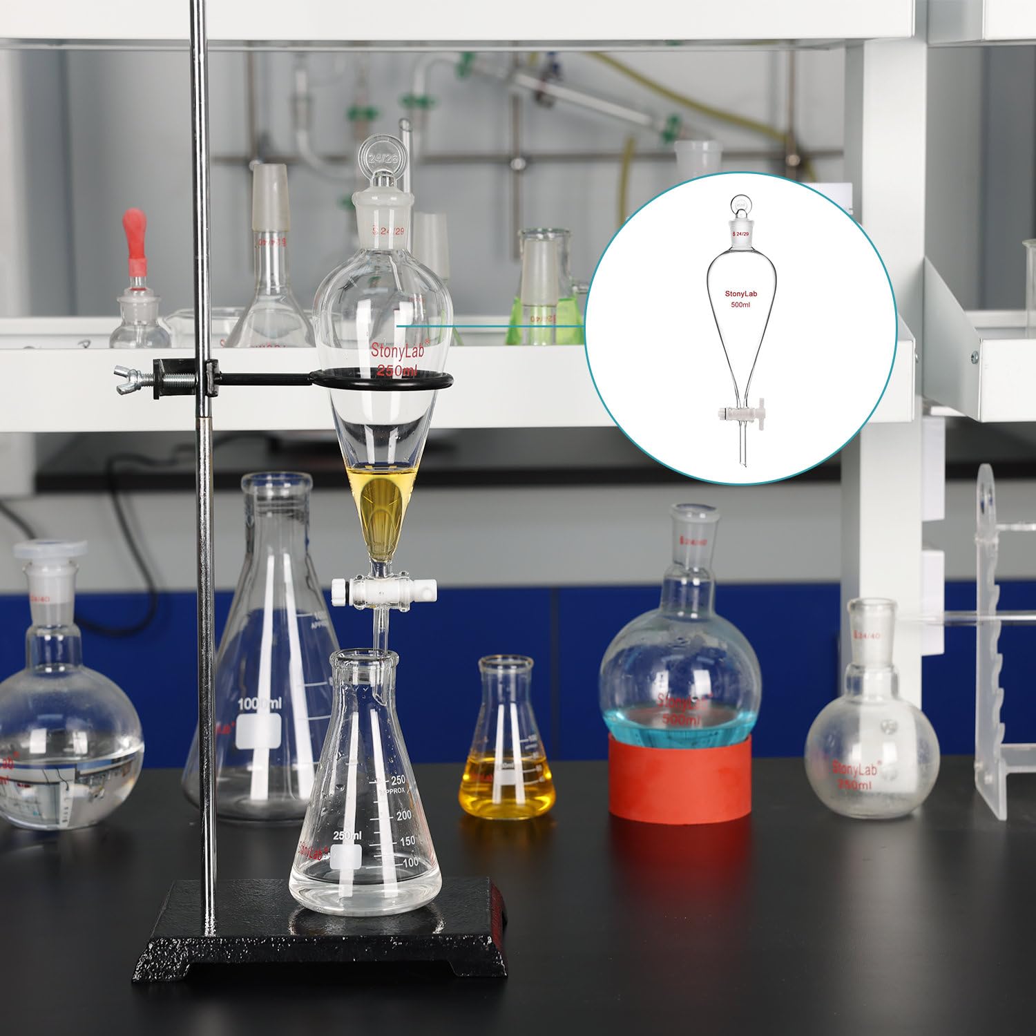 StonyLab PTFE Stopcock Separatory Funnel 60ml, Borosilicate Glass Heavy Wall Conical Pear-Shaped Separatory Funnel Separation Funnel with 24/29 Joint
