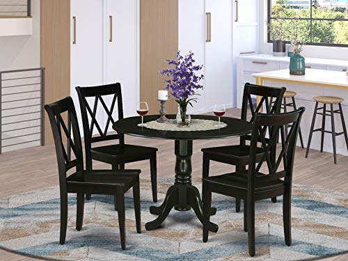 East West Furniture DLCL5-BLK-W 5Pc Round 42" Dining Room Table With Two 9-Inch Drop Leaves And Four Wood Seat Chairs, 5