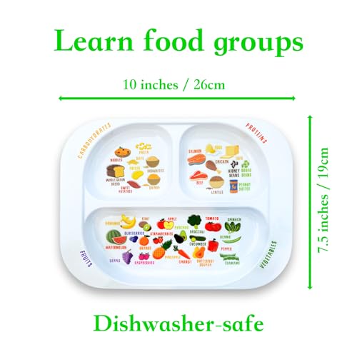 j&m Divided Portion Plate (4 Pack), Sections for Kids & Fussy Eaters, Learn Nutrition, Healthy Eating, Food Groups & Portion Sizes, Child-Friendly Melamine, Dishwasher-Safe
