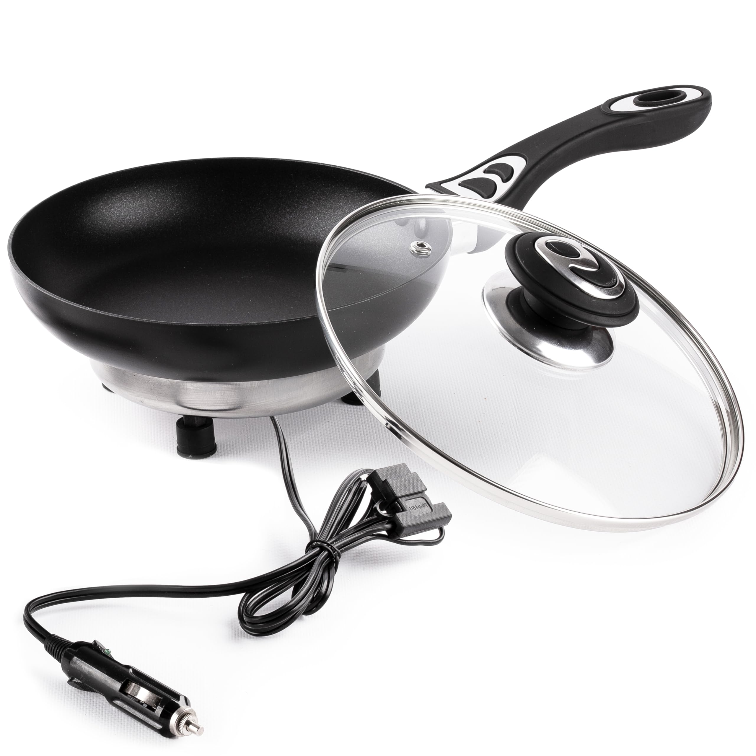 ZONETECH 12V Frying Pan with Glass Lid Portable Non-Stick 7.5-inch Pan Stay-Cool Handles, Rapid Heat Up, Portable, Perfect For Camping, Picnic and more