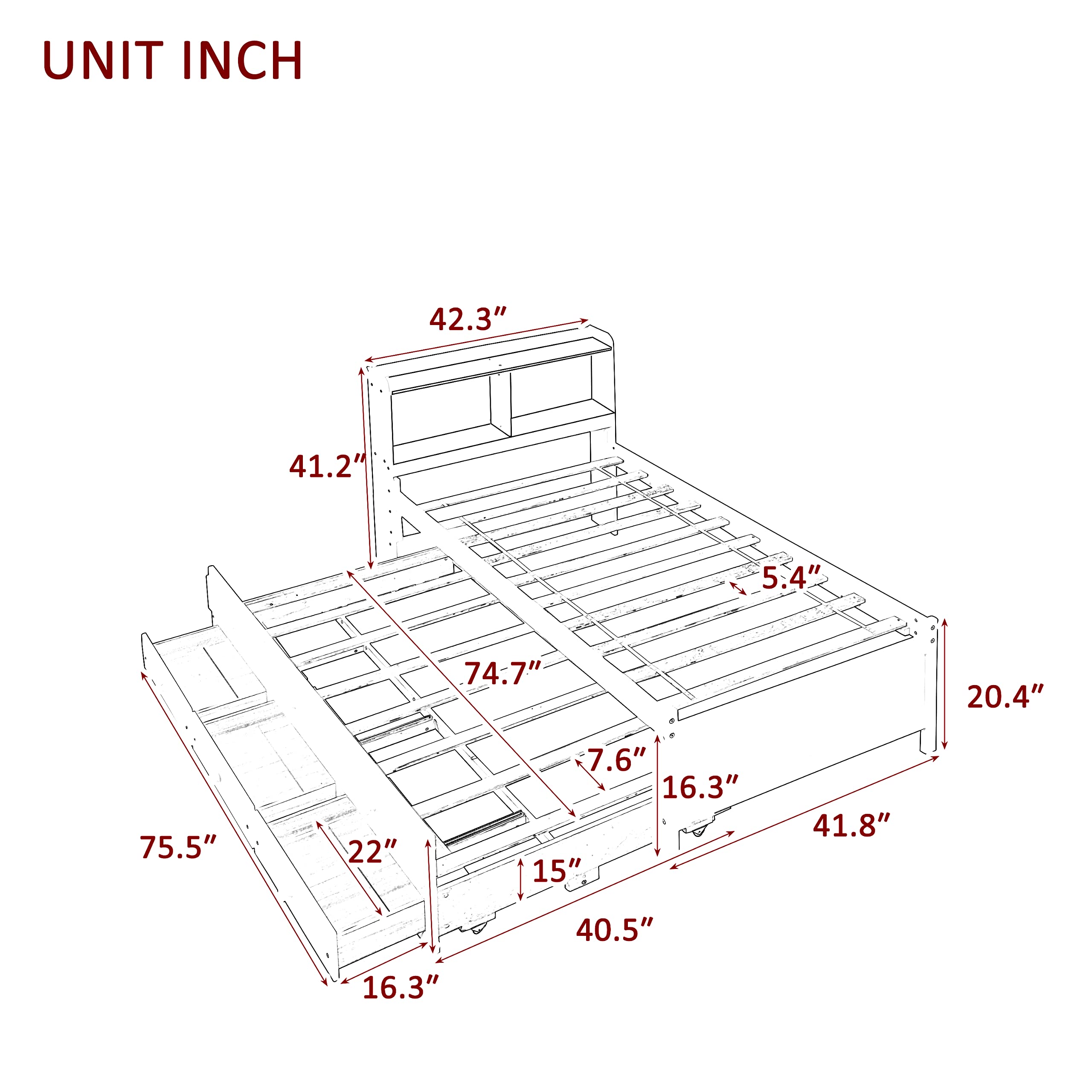 Harper & Bright Designs Twin Bed Frame with Bookcase Headboard, Wooden Twin Size Platform Bed with Trundle and 3 Storage Drawers,Twin Storage Bed for Kids Girls Boys,No Box Spring Needed,Grey