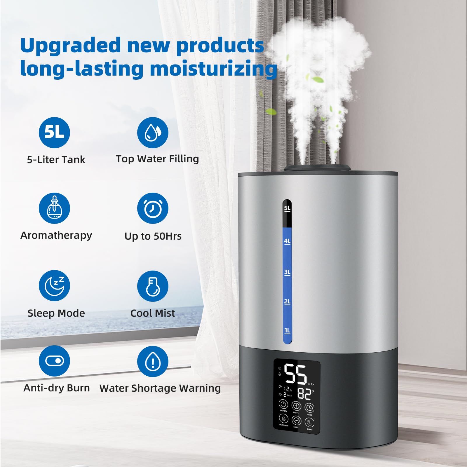 5L Humidifiers for Bedroom and Plants, Ultrasonic Cool Mist Humidifiers for Baby home Mist Top Fill Desk Humidifiers Essential Oil Diffuser, Quiet Humidifiers with Adjustable Mist,360°Nozzle-Gray