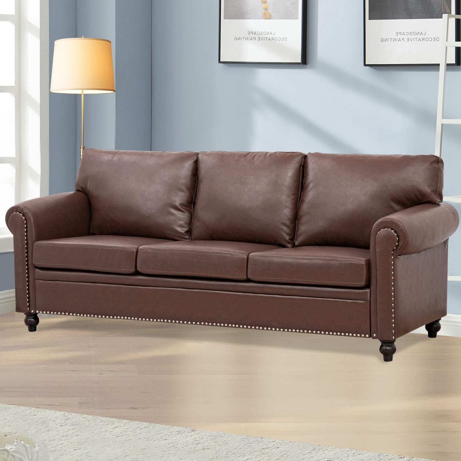 TINGMAMADEHUA Modern Brown Faux Leather Sofa β 3-Seater Couch for Living Room, Comfy Upholstered Design with Tufted Detachable Back Cushions, Traditional Rolled Arms, and Nailhead Trim β Easy Assembly