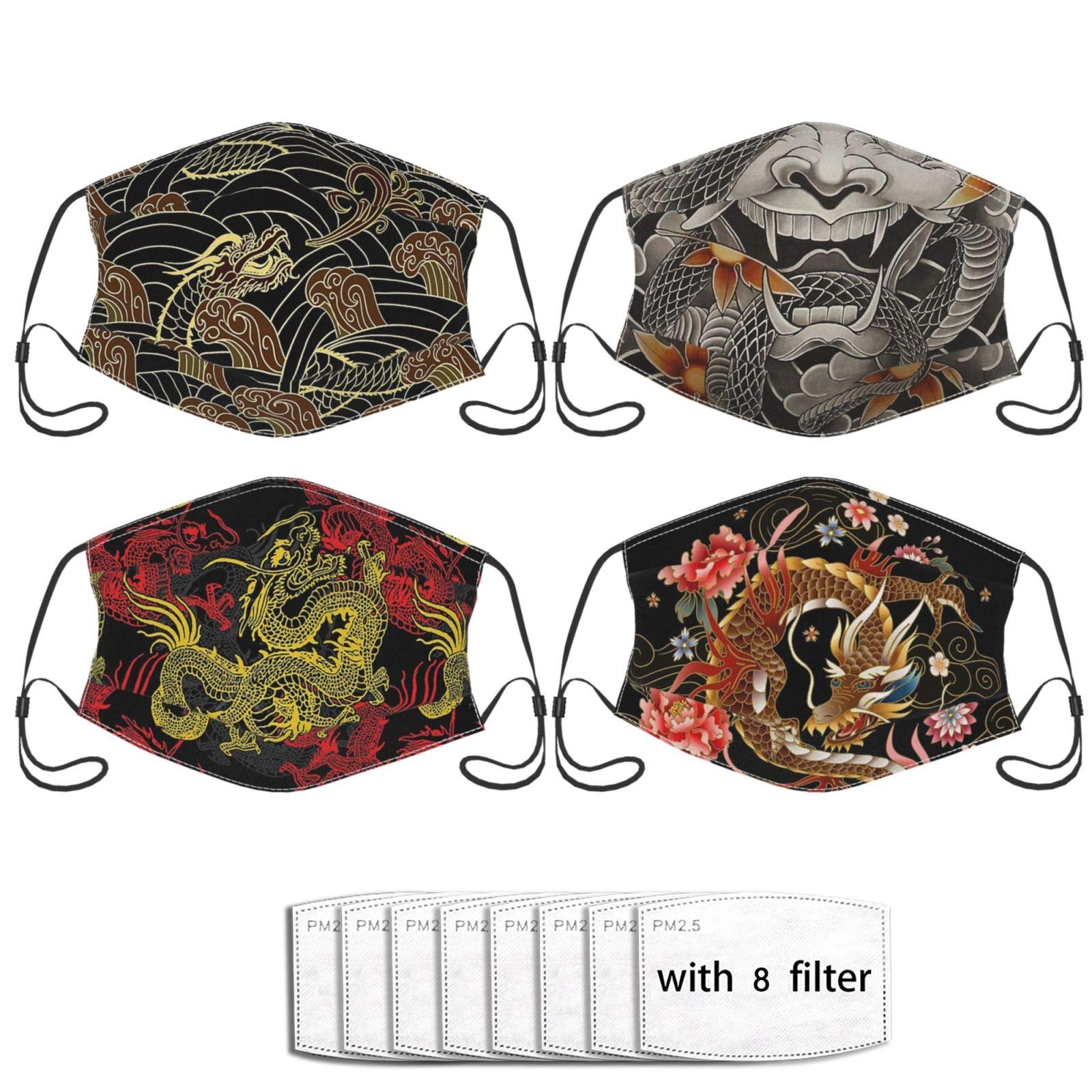 4pcs Japanese Snake Mouth Face Mask Unisex Balaclava Mouth Cover With Filter Windproof Dustproof Adjustable With Filter Pocket