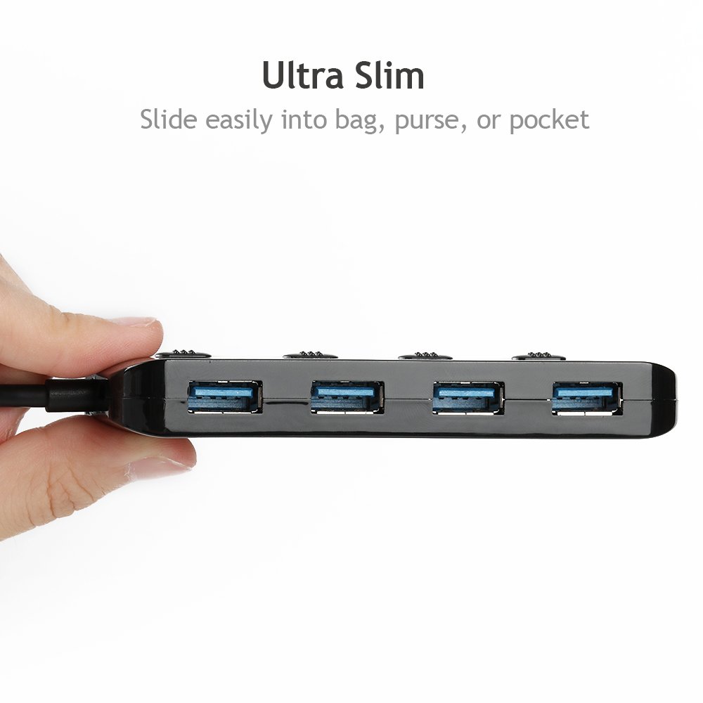 Multi USB Port Expander, LYFNLOVE Ultra Slim USB Hub 3.0, 4-Ports USB Splitter High-Speed USB Data Hub with Individual On/Off Power Switches for Laptop, Computer, PC, Thumb Driver and More