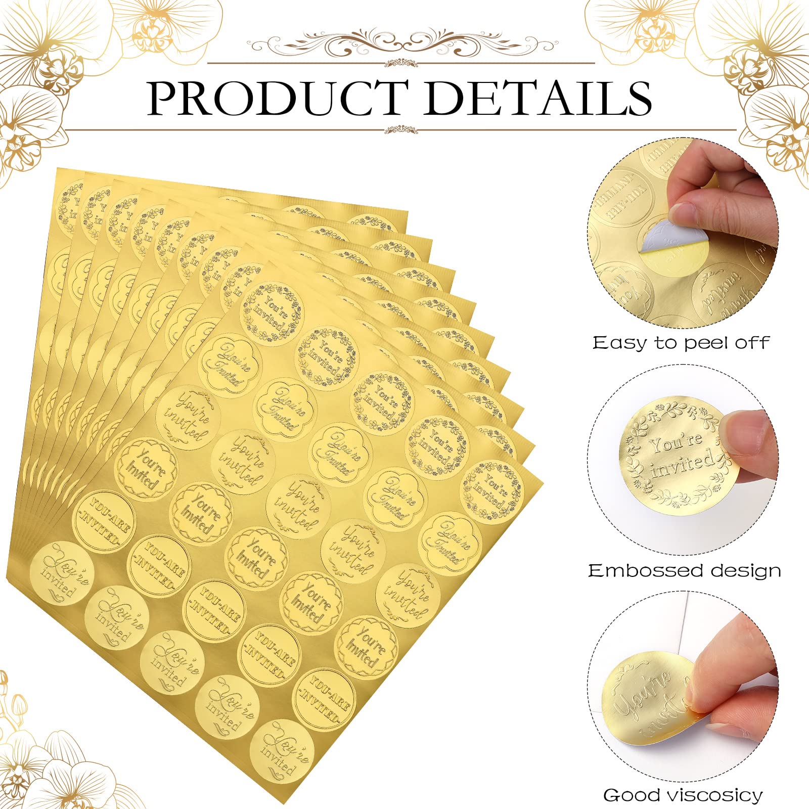 540 Pcs You're Invited Round Embossed Foil Seals Embossed Aluminum Foil Sticker Envelope Seal Stickers Gold Seal Stickers Gold Envelope Seals for Wedding Invitation Envelopes Present Decoration