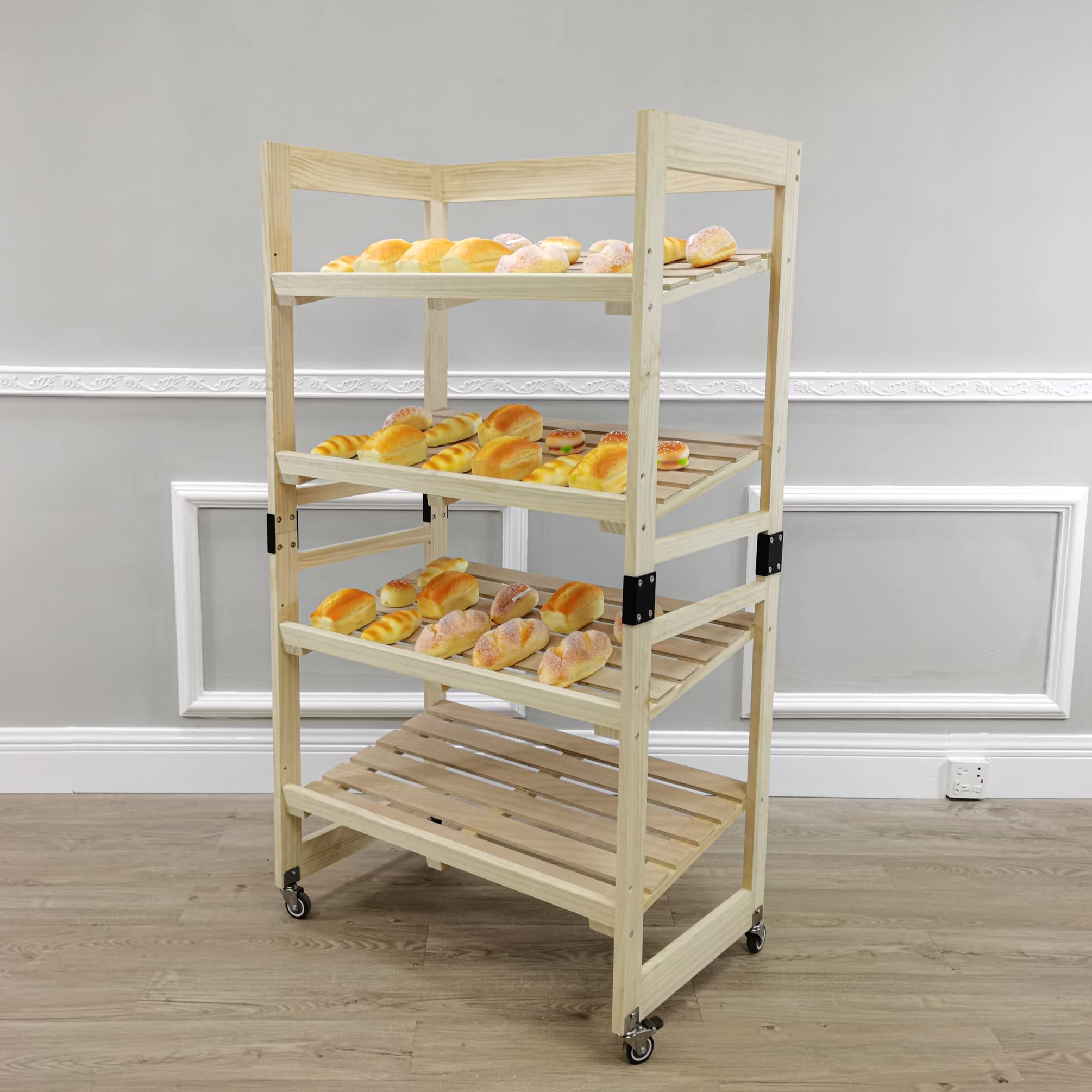FixtureDisplays® 4-Tier Bakery Bread Rack with Angled Shelves Wooden Display Rack Bread Store Rack 30X18X55" 101143