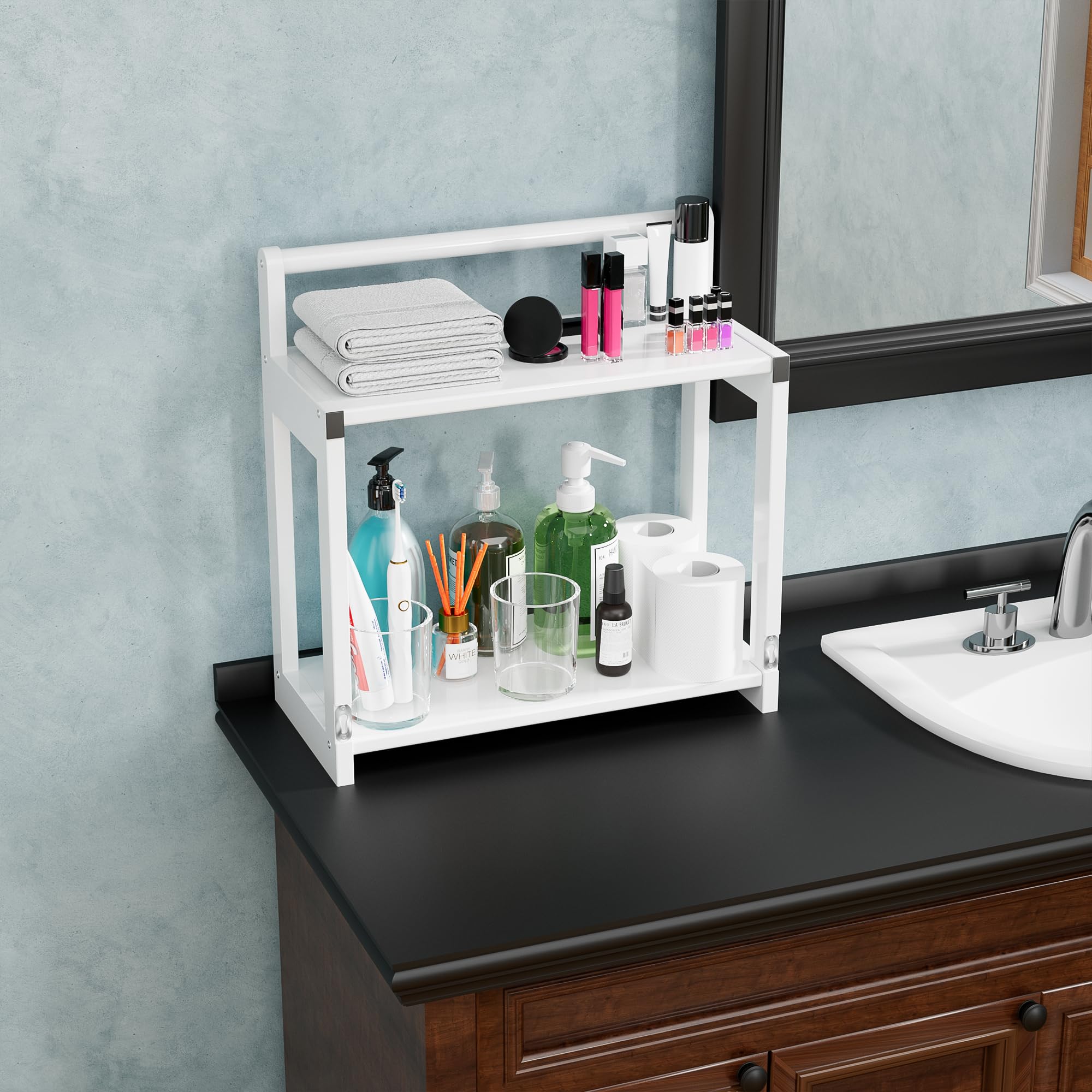 ADREMAN Bathroom Shelf Wall, Over The Toilet Storage Shelves Bamboo Bathroom Shelf Organizer Floating Wall Mounted with Hook and Hanging Rod for Bathroom,Kitchen,Toilet,Living Room (White)