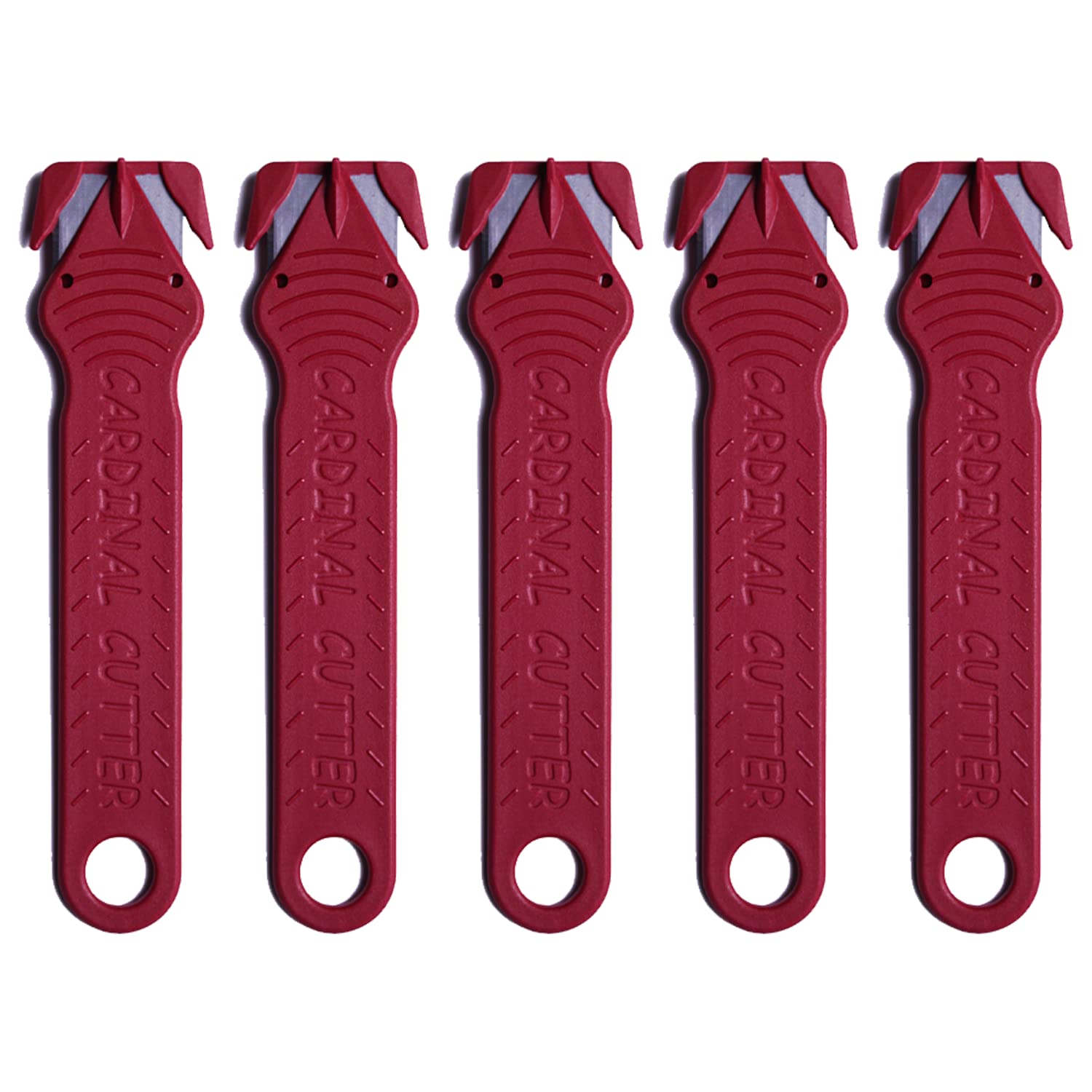 Cardinal Safety Box Cutter with Concealed Stainless Steel Blade, Package Opener Plastic Cutter for Box, Carton, Shrink Wrap, Plastic Straps (Red, Pack of 5)