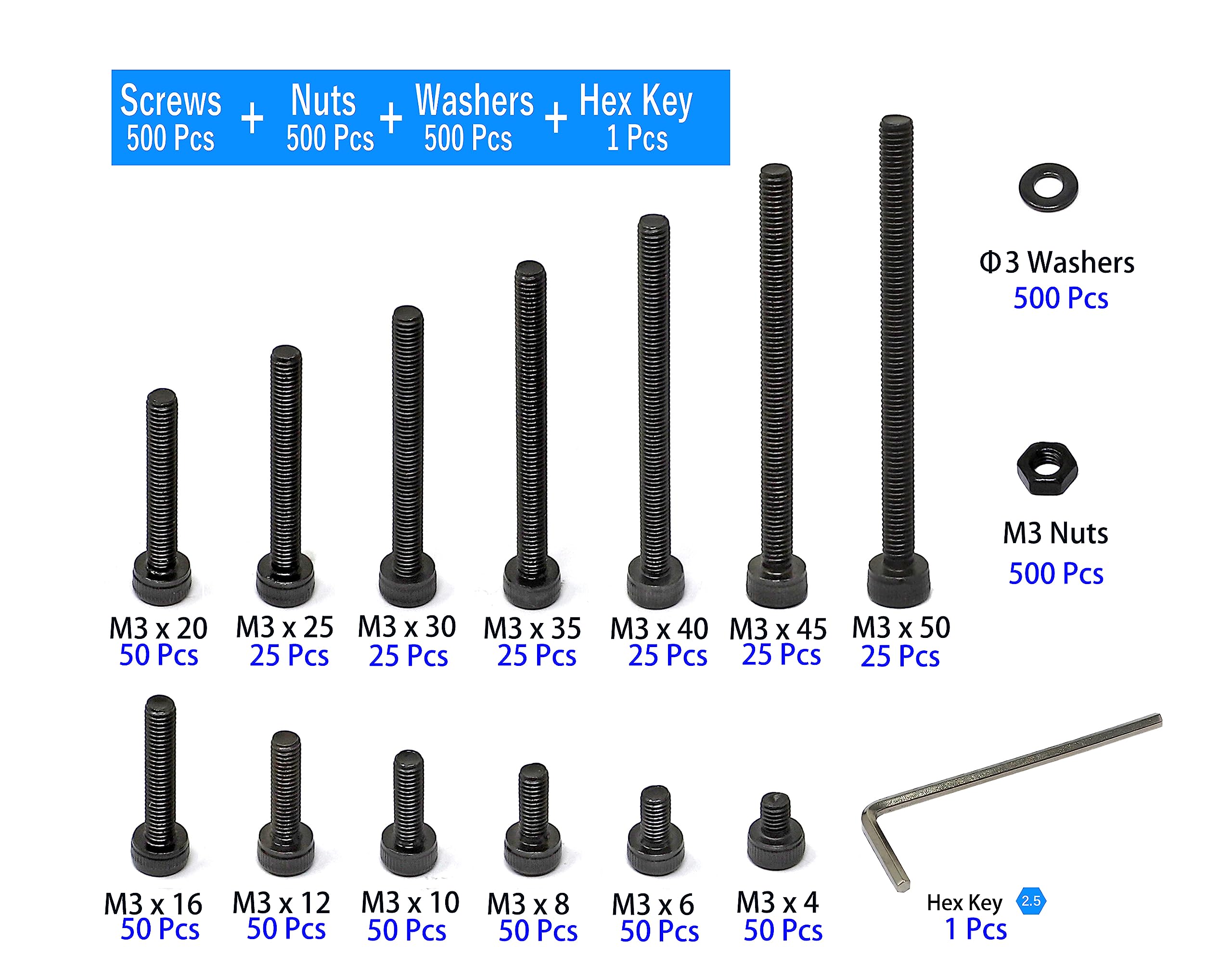 iexcell 1500 Pcs M3 x 4/6/8/10/12/16/20/25/30/35/40/45/50 Alloy Steel 12.9 Grade Hex Socket Head Cap Screws Bolts Nuts Washers Assortment Kit, Black Oxide Finish