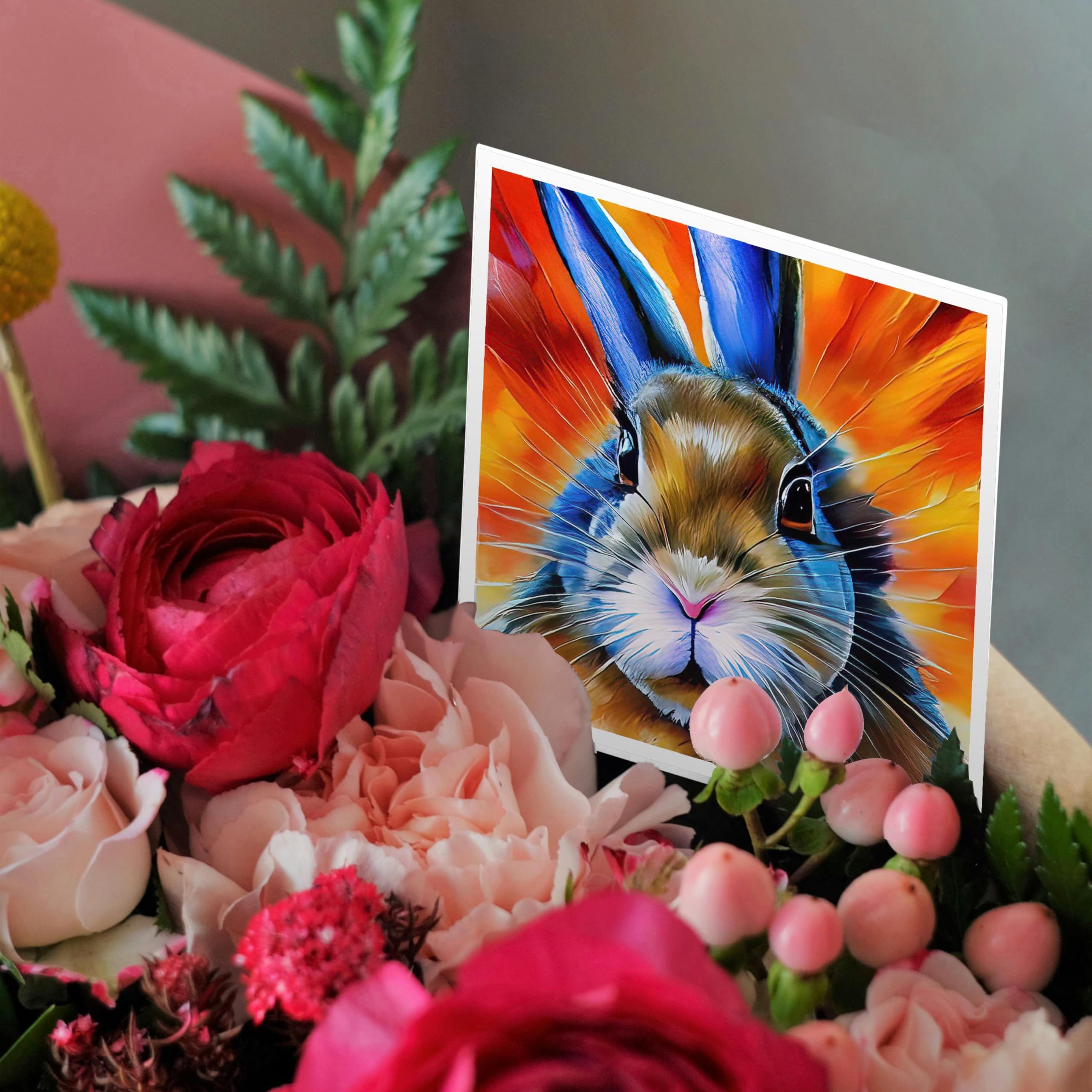 3dRose Greeting Card - Charming bunny face, red, orange background. Digital art gift for you - Alexis Design - Animals Bunny