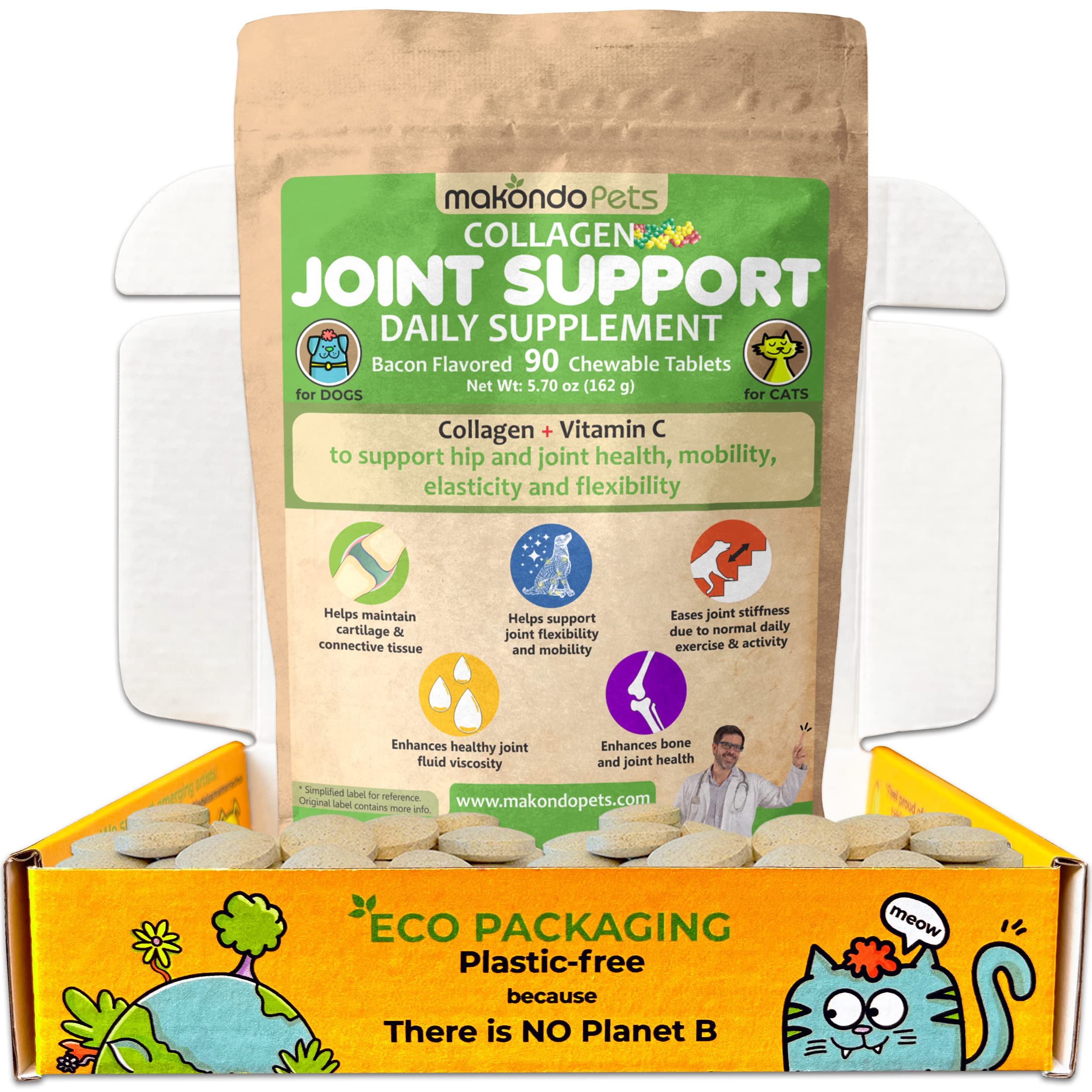 Makondo Pets - Collagen for Dogs & Cats - Collagen Supplements for Joint Health - Vitamin C Supplement for Joint Mobility - Joint Support Supplement for Dog & Cats - Bacon Flavored Tablets (90 Count)
