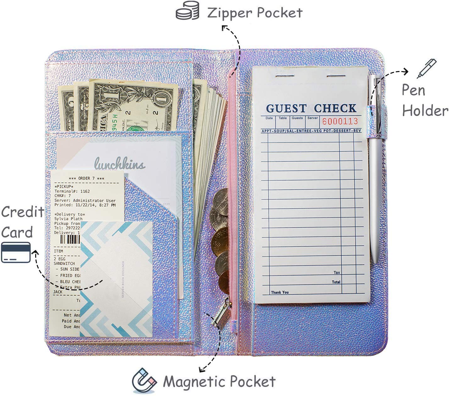 Zreal Server Book for Waitress with Zipper Pocket, 5 X 9 Serving Book, Magnetic Closure Pocket with Big Volume, Pen Holder for Waiter Server Wallet Fit Waitress Apron (Iridescent B)