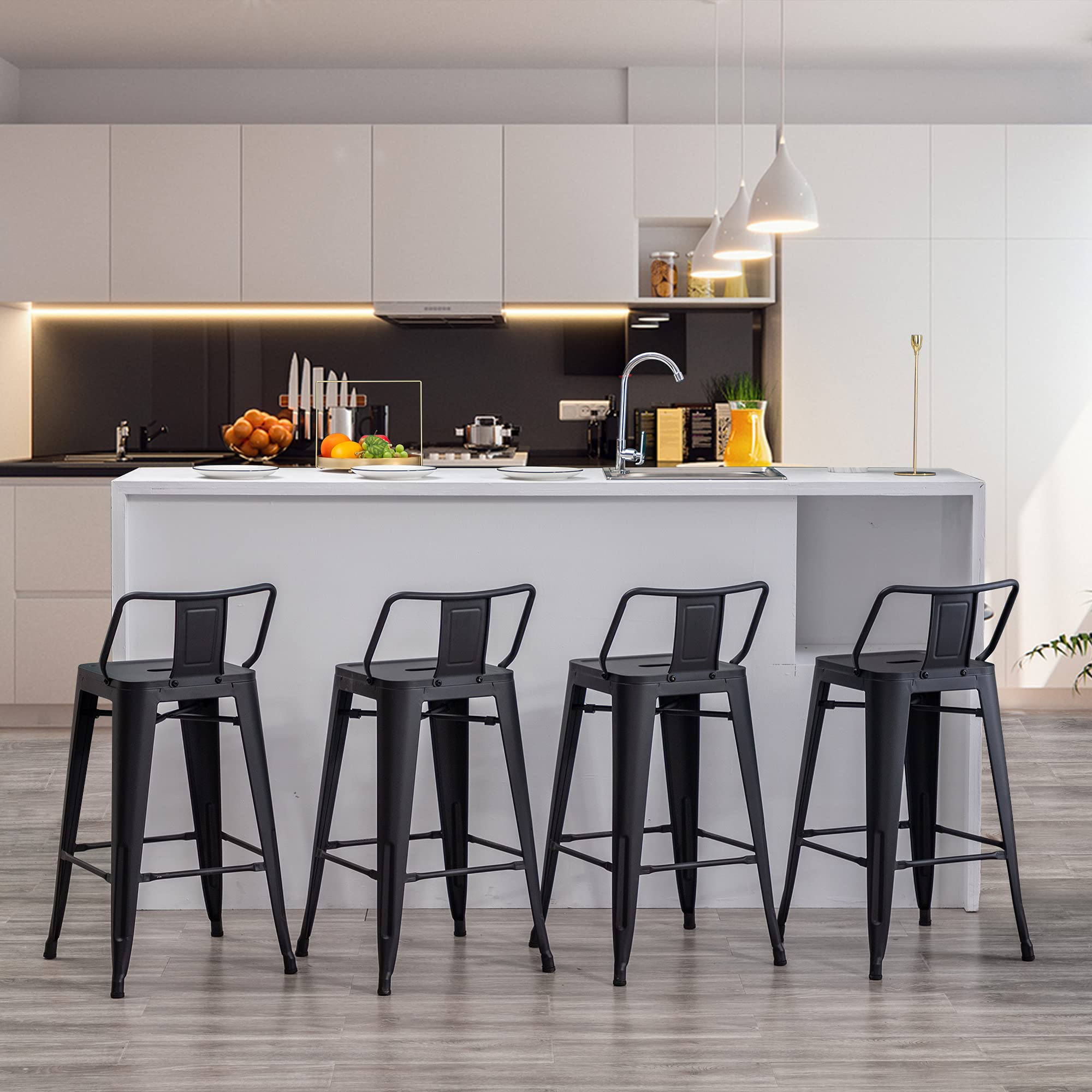 Apeaka 24 inch Metal Bar Stools Set of 4 Modern Counter Height Stools with Backs Industrial Low Back Bar Chairs for Indoor Outdoor Matte Black