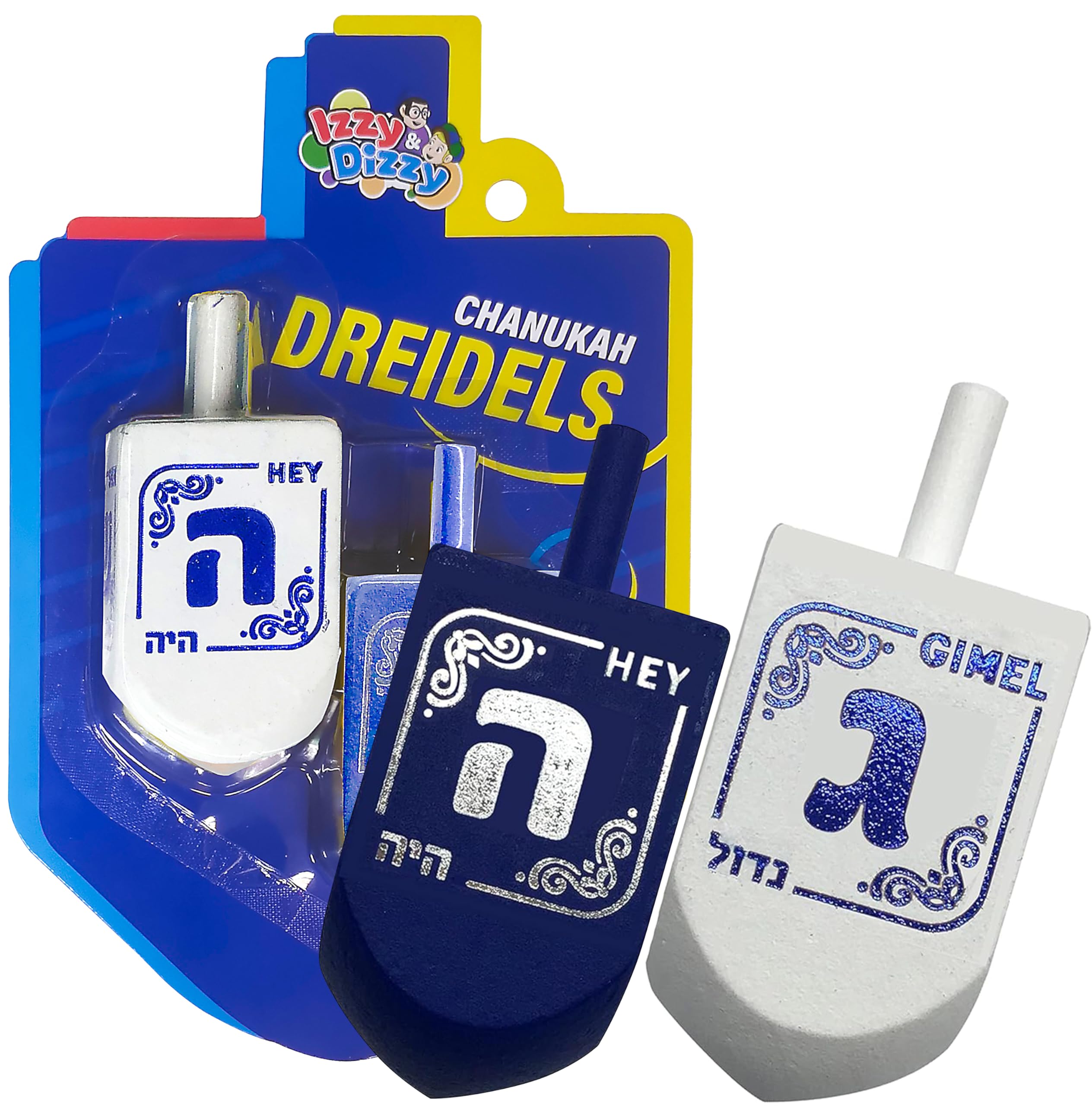 Izzy 'n' Dizzy Hanukkah Dreidels - Extra Large Blue and White Wooden Dreidel - 2 Pack
