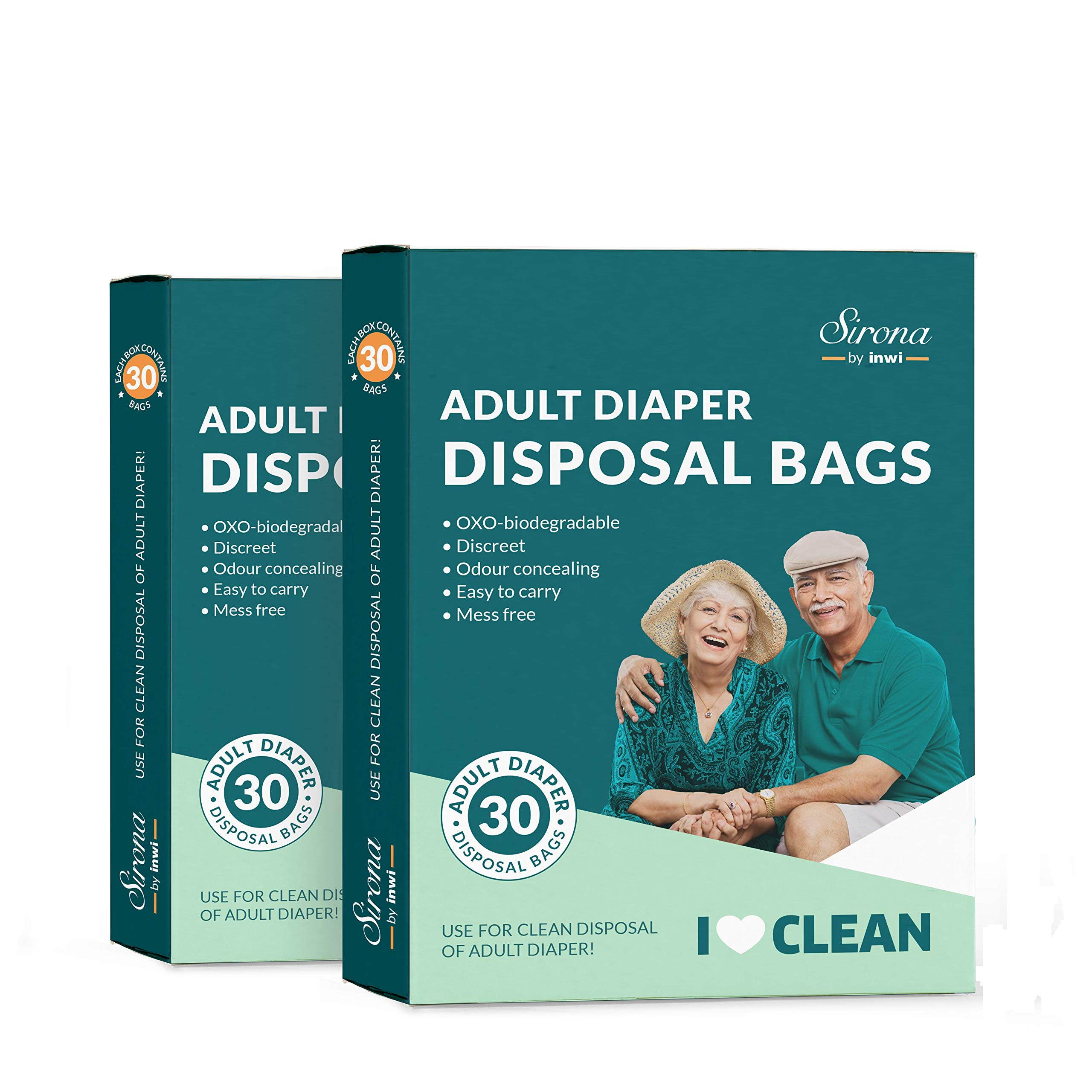 Sirona Adult Diaper Waste Bags, 60 Count, 12.5 x 15 Inch, Oxo-Biodegradable, Discreet, Environment Friendly, Odor Lock, Tamper Proof