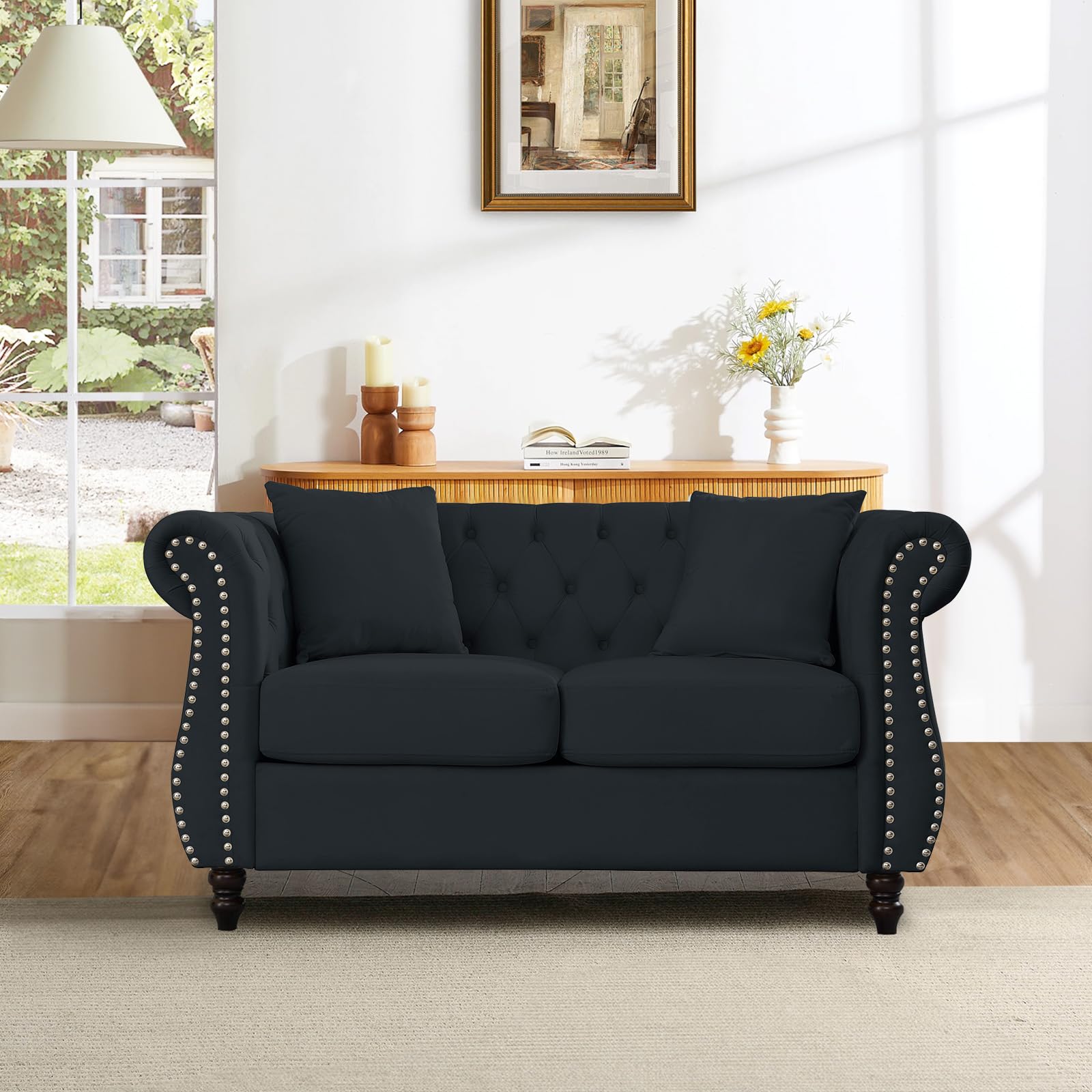JEEOHEY Chesterfield Sofa Couch,80" Button Tufted Velvet Couch with Rolled Arms&Nailhead Trim,Comfy 3 Seater Sofa,Oversize Mid Century Modern Couch for Living Room,Bedroom,Apartment,Office(Beige)