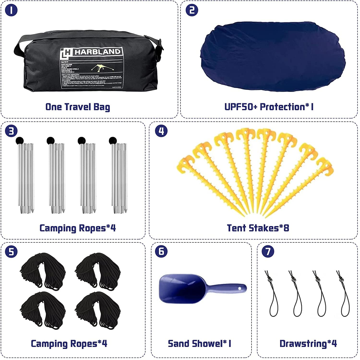 2022 Upgraded Beach Tent Pop Up Shade, HARBLAND 10X10 FT UPF50+ Beach Shade Canopy with 8 Tent Stakes, 4 Support Ropes, Carry Bag(4 Thickened Tip Poles, 4-8 People)