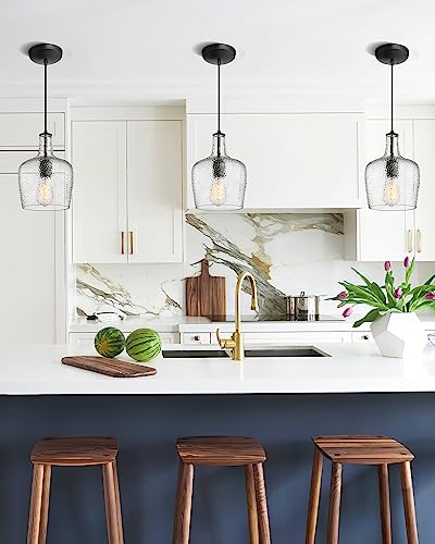 AUTELO Glass Pendant Light 8" Modern Pendant Lighting Hanging Lamps for Kitchen Island with Hammered Glass Shade Hanging Light Fixture H9163