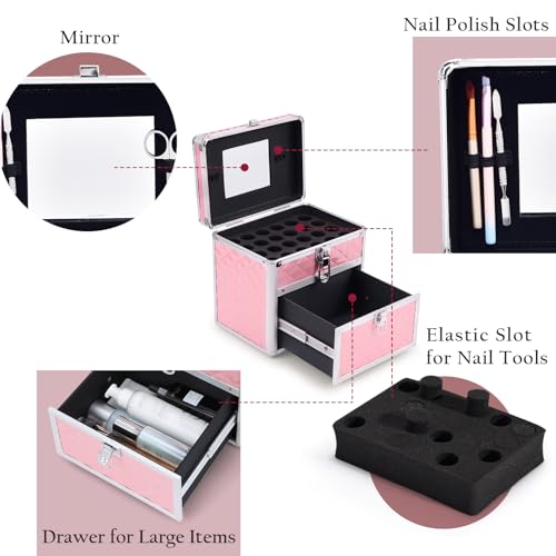 Frenessa Makeup Box Makeup Train Case Cosmetic Storage Organzier Nail Polish Box for Makeup Artist, Nail Tech Student, Craft Cosmetology Case with Mirror Drawer and Dividers Manicure Organizer Travel
