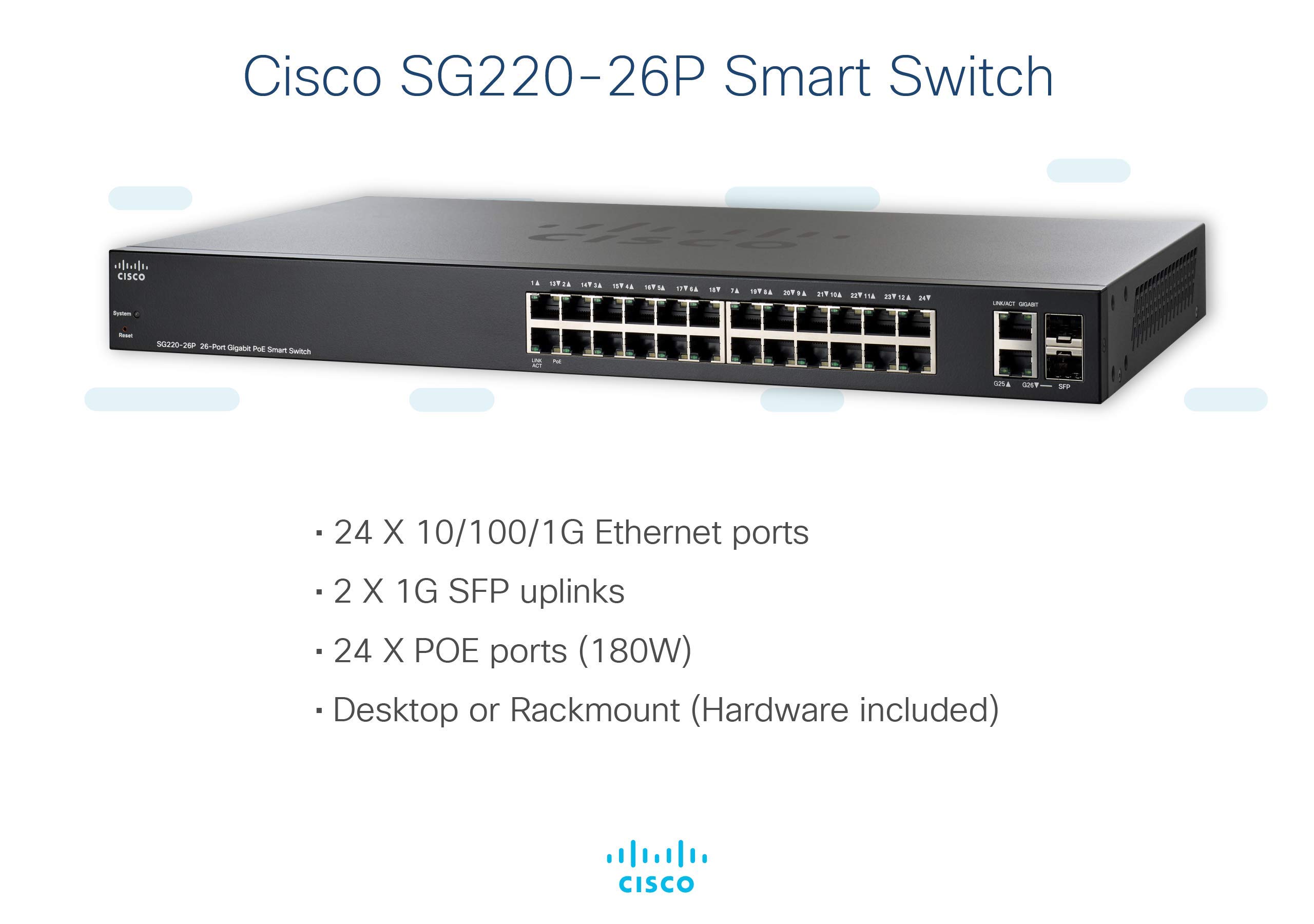 Cisco SG220-26P Smart Switch | 26 Gigabit Ethernet (GbE) Ports | 2 Gigabit Ethernet Combo Mini-GBIC SFP | 180W PoE | Limited Lifetime Protection (SG220-26P-K9-NA)