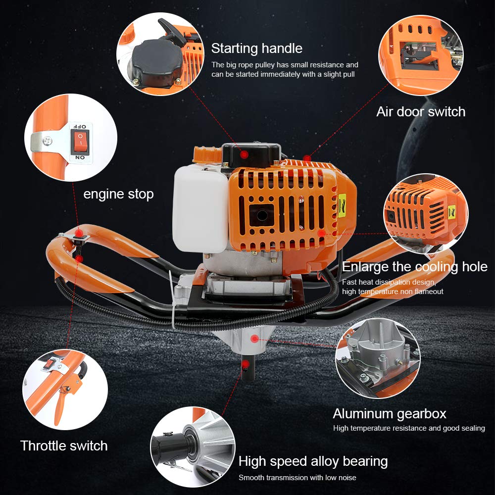 52cc Gas Powered Earth Auger Post Hole Digger Borer Fence Ground Drill 4inch / 6inch / 8inch Bits (52CC Red)