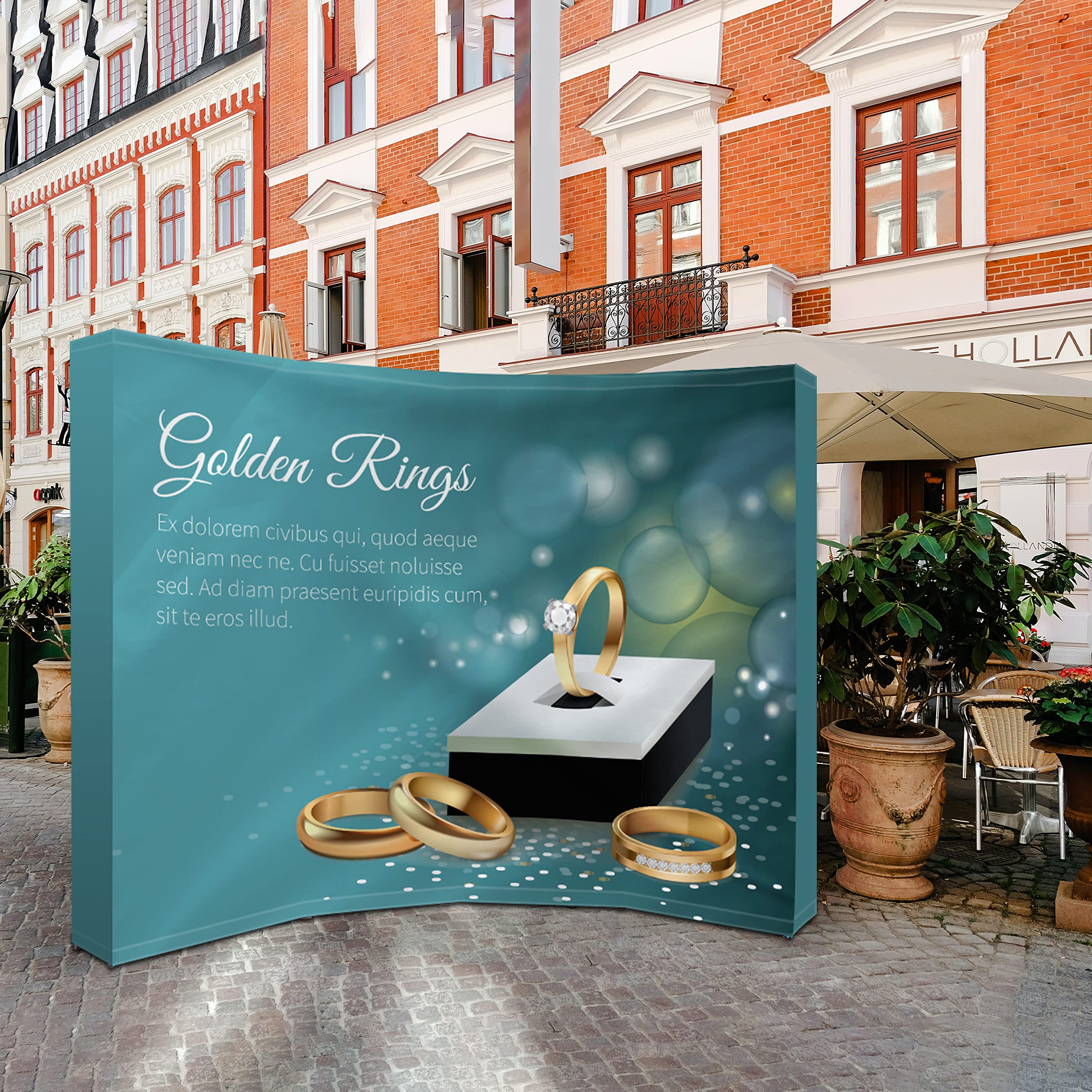 BannerBuzz, Fabric Pop Up Curved Display, Graphic with Hardware, 230 GSM, Polyester Fabric, 17 mm Pole Diameter, 1.4 mm Thick Pole, 1440 DPI Dye Sublimation Printing (10' x 8')