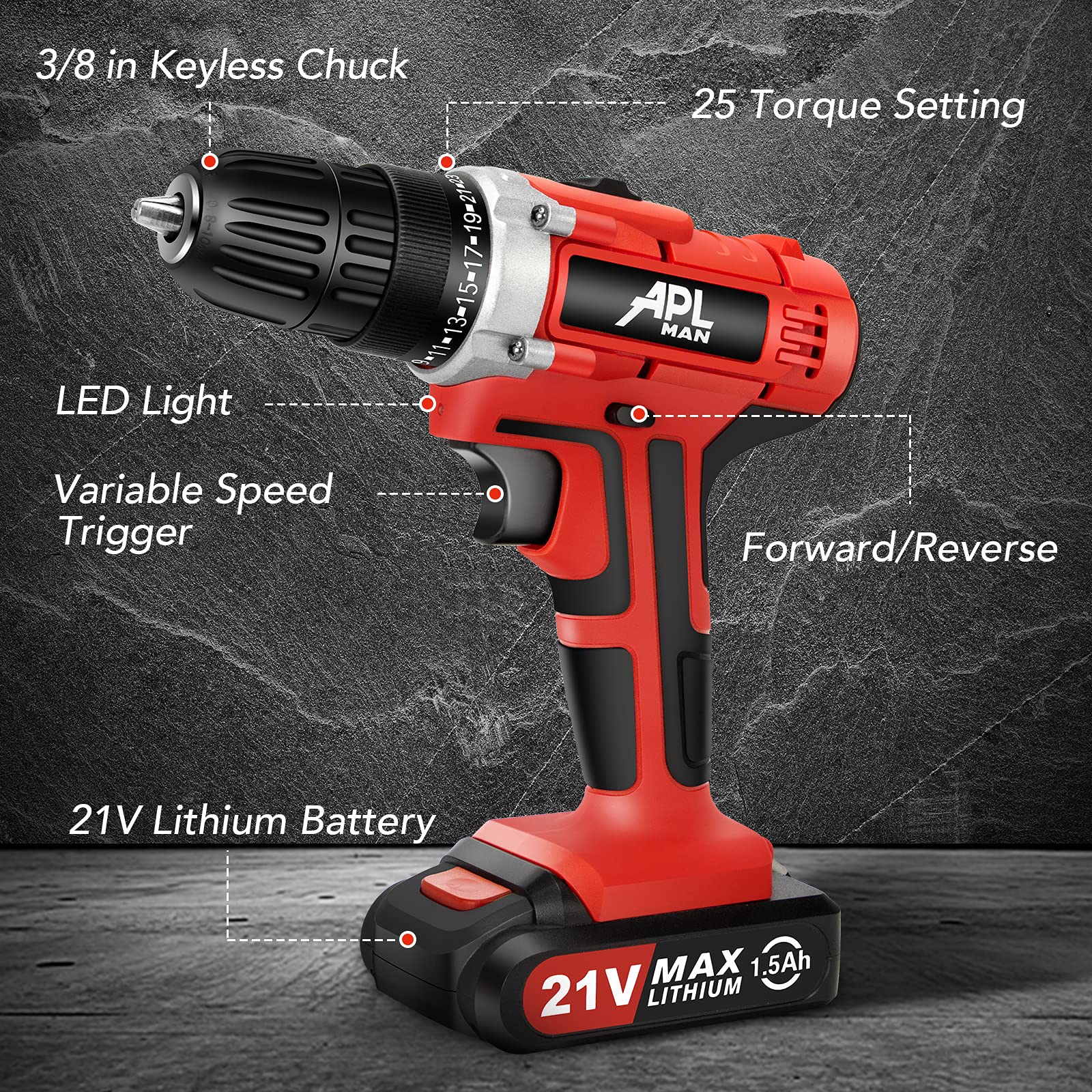 APLMAN Cordless Drill 21V with with Battery Electric Drill Kit 26pcs Accessories 3/8" Drill set All-Metal Chuck 25+1 Torque Setting,2 Variable Speed and LED