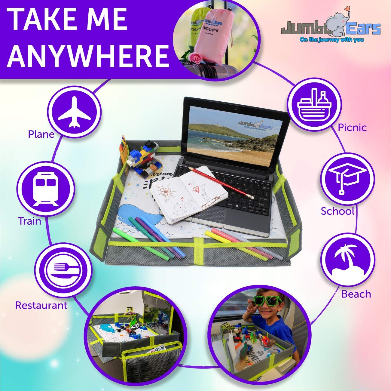 Jumbo Ears Origami Kids Travel Tray Placemat Cover -Gray- Foldable and Easy to Setup with Bonus Portable Multipurpose Side Pockets Organizer for Tablets and Phones Activities or Snacks for Toddler