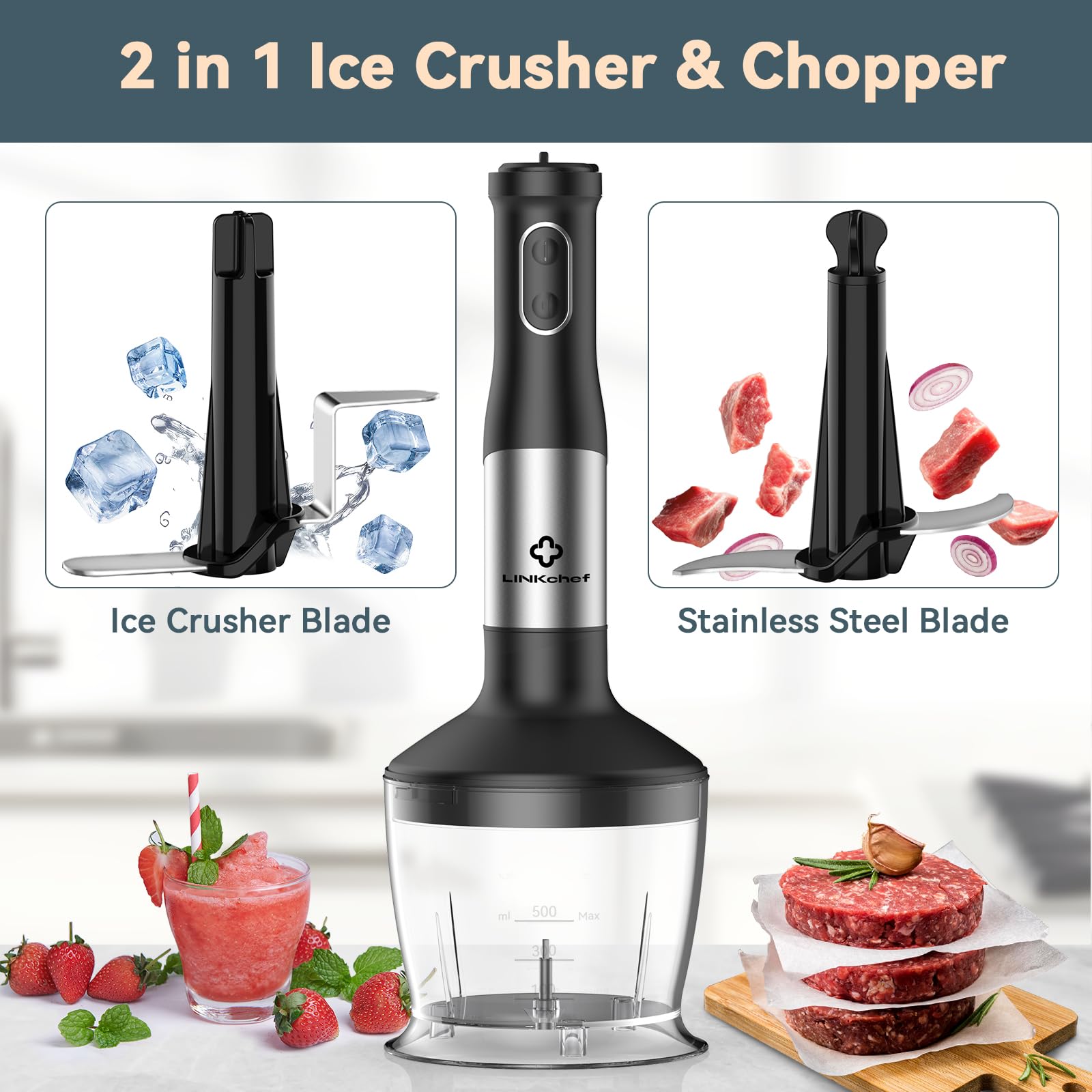 LINKChef 7 in 1 Immersion Blender Scratch Resistant, 2 Titanium Steel Blades 800W Hand Blender, 20 Speed and Turbo Mode Stick Blender Immersion with Whisk, Milk Frother, Food Processor, Beaker