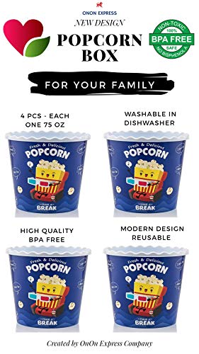 ONONEXPRESS Modern Style Reusable Plastic Popcorn Box / Popcorn Containers / Popcorn Bowls Set for Movie Theater Night - (BPA Free - BLUE 4 Pack-75 oz)