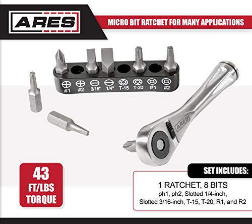 ARES 70040-1/4-Inch Drive Close Quarter Micro Bit Ratchet | Mini Screwdriver with High Torque 72-Tooth Gearhead - 5 Degree Sweep - Spring Loaded Detent Ball Bit Holder