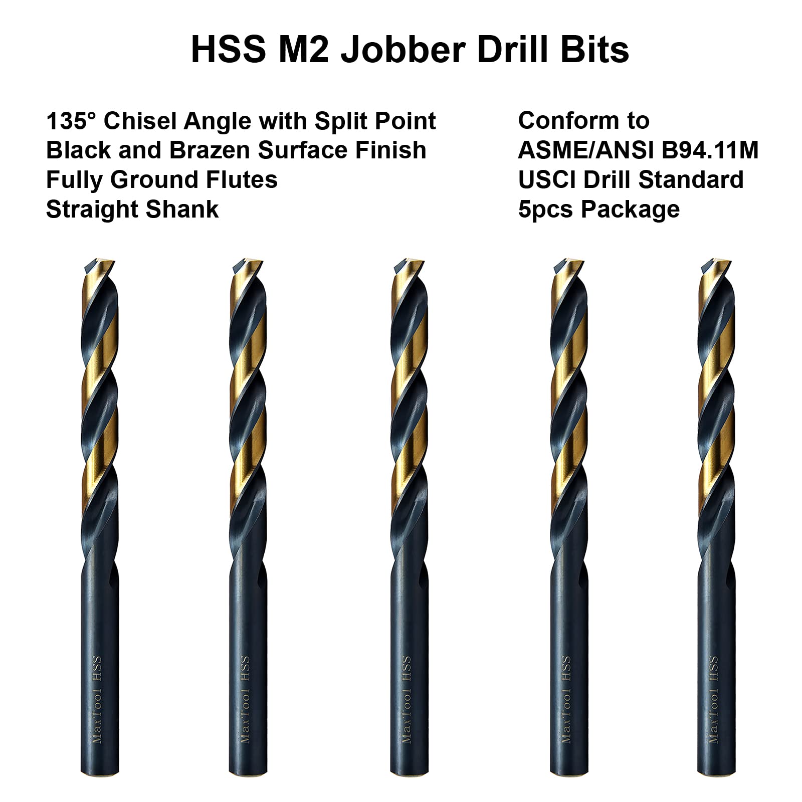MAXTOOL Letter E 5pcs Identical Jobber Length Drills Dia 0.250" HSS M2 Twist Drill Bits Fully Ground Black-Bronze Straight Shank Drills; JBL02H10REP5