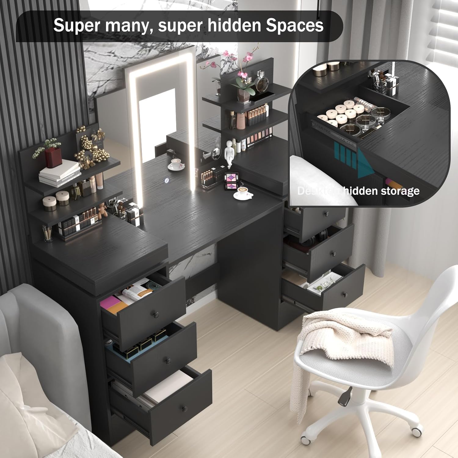 57.1" W Vanity Makeup Table with Lighted Mirror Table with Tri-Folding Mirror, 8 Drawers, 3 Light Modes, Open Storage Shelves, Vanity Table as Gifts for Girls/Women Vanity must Haves White (White)