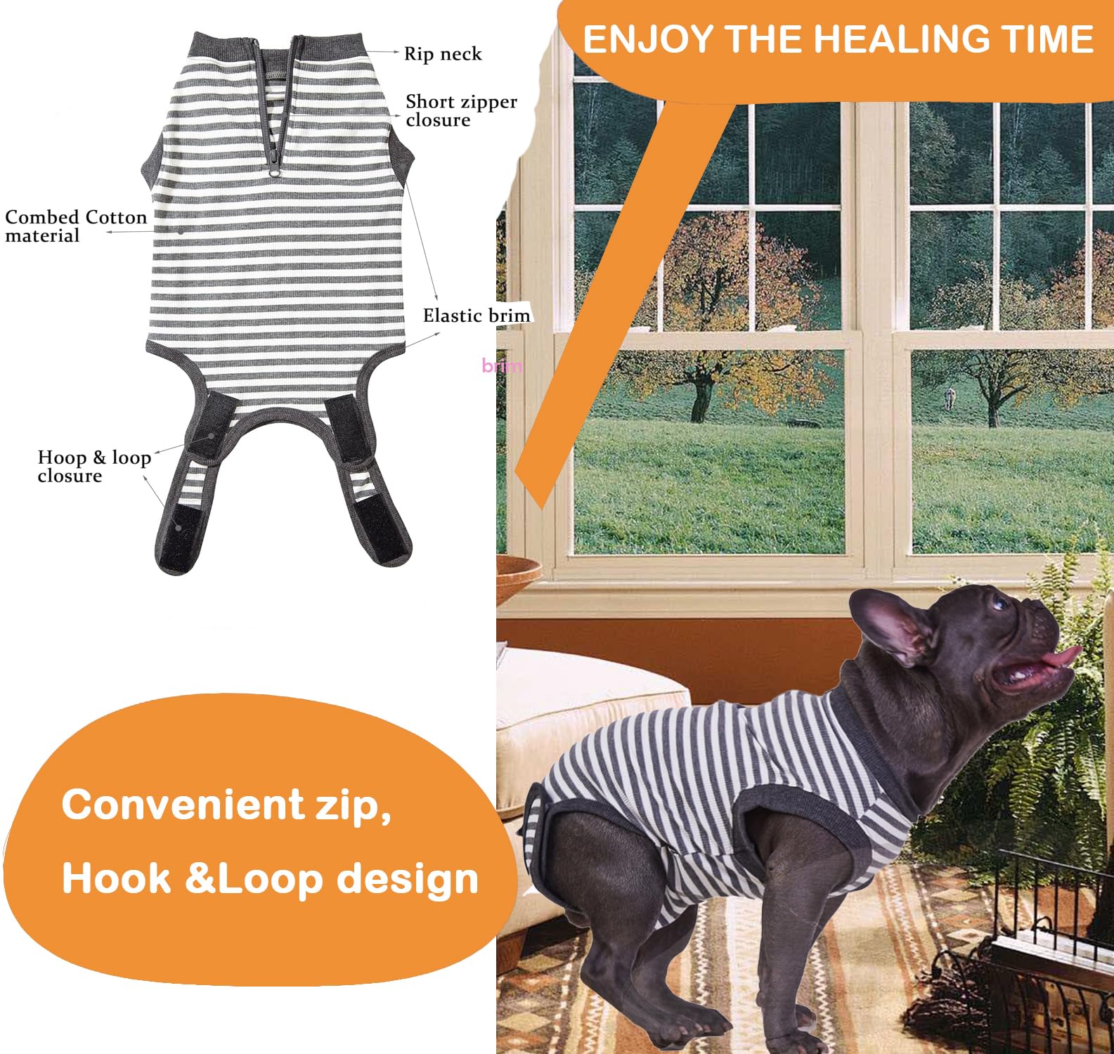 Wabdhally Dog Surgery Recovery Suit,Surgical Suit for Medium Female Spay,Soft Combed Cotton,Grey Striped Zipper Onesie M