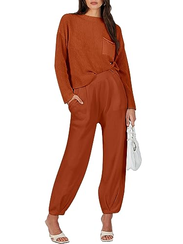 ANRABESS Women's Two Piece Sweater Sets Long Sleeve Knit Pullover Tops Casual Pants Sweat Outfits Set Matching Lounge Set 2023 Fashion Clothes Loungewear 1082xiuhong-M