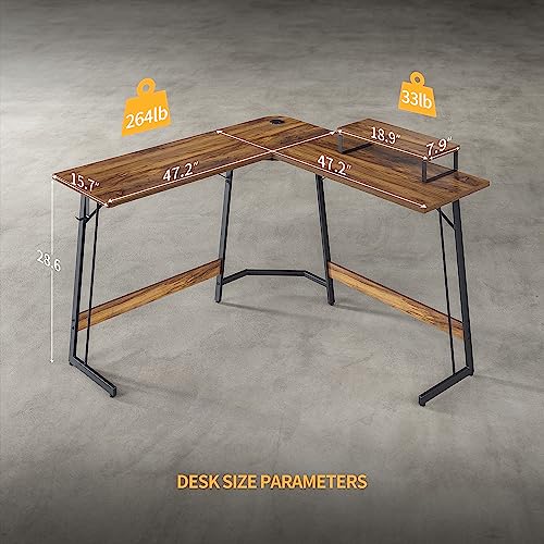 BANTI L Shaped Desk, Computer Gaming Desk, Home Corner Desk, Office Writing Workstation with Large Monitor Stand, Space-Saving, Easy to Assemble, Brown