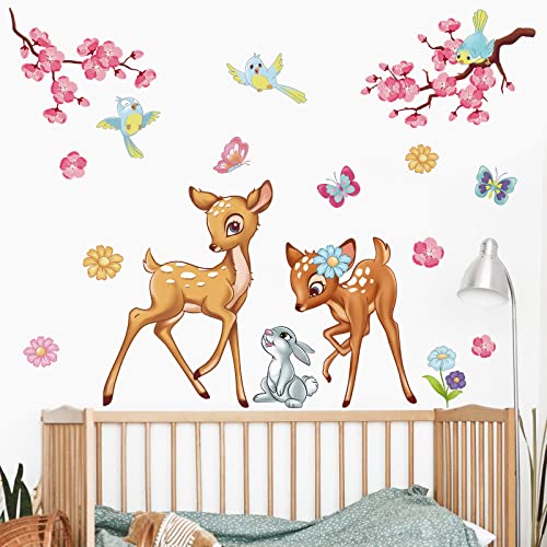 decalmile Woodland Animals Wall Stickers Deer Squirrel Birds Flowers Wall Decals Kids Room Baby Nursery Wall Decor